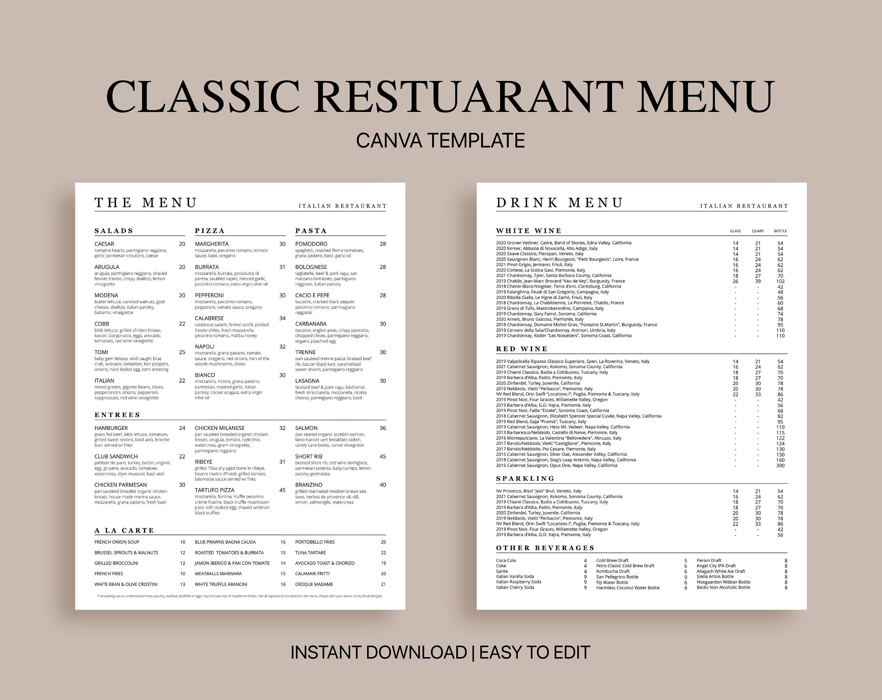 Classic Restaurant Menu Canva Template Editable Restaurant - Etsy Australia