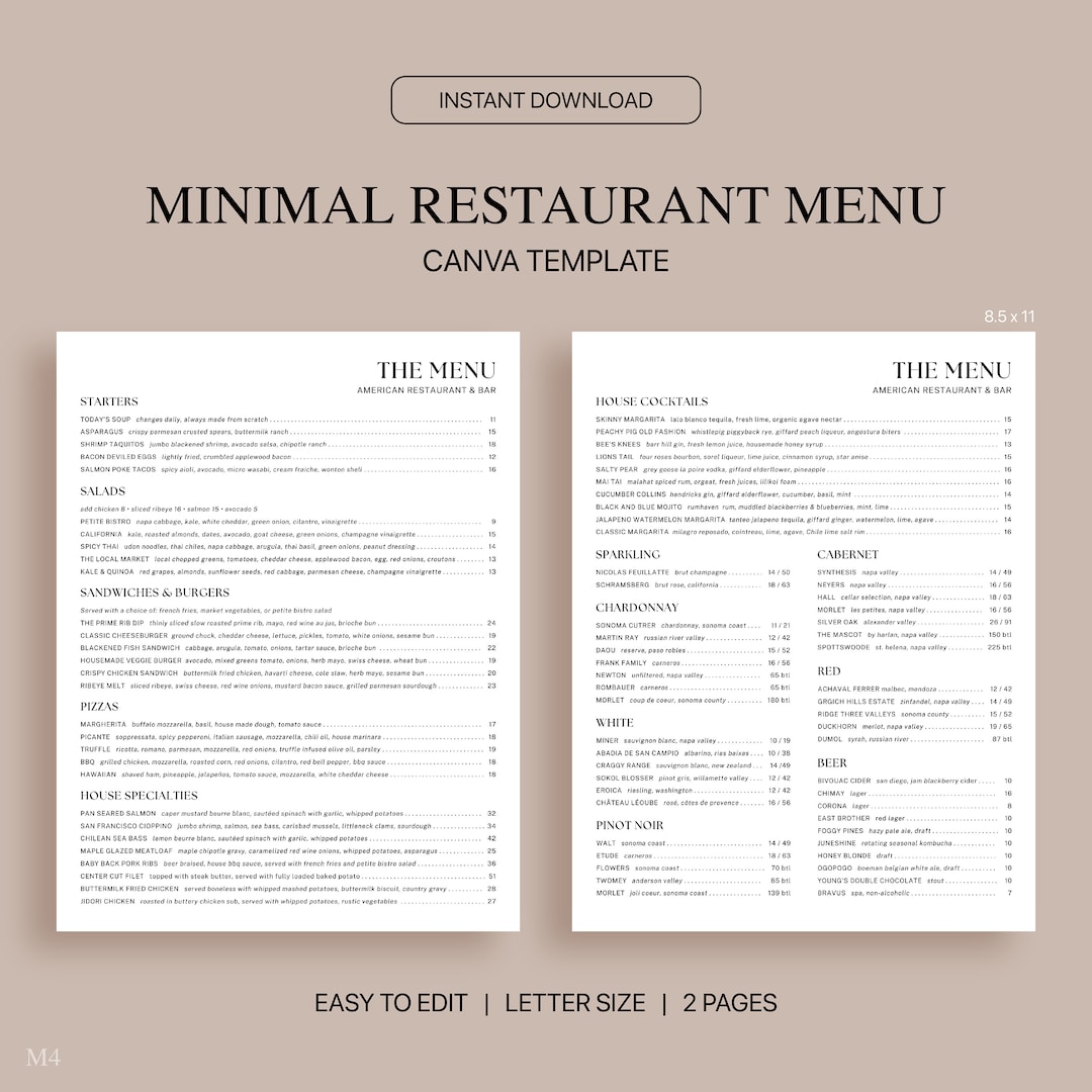 Minimal Restaurant Menu Canva Template (digital Download) - Etsy
