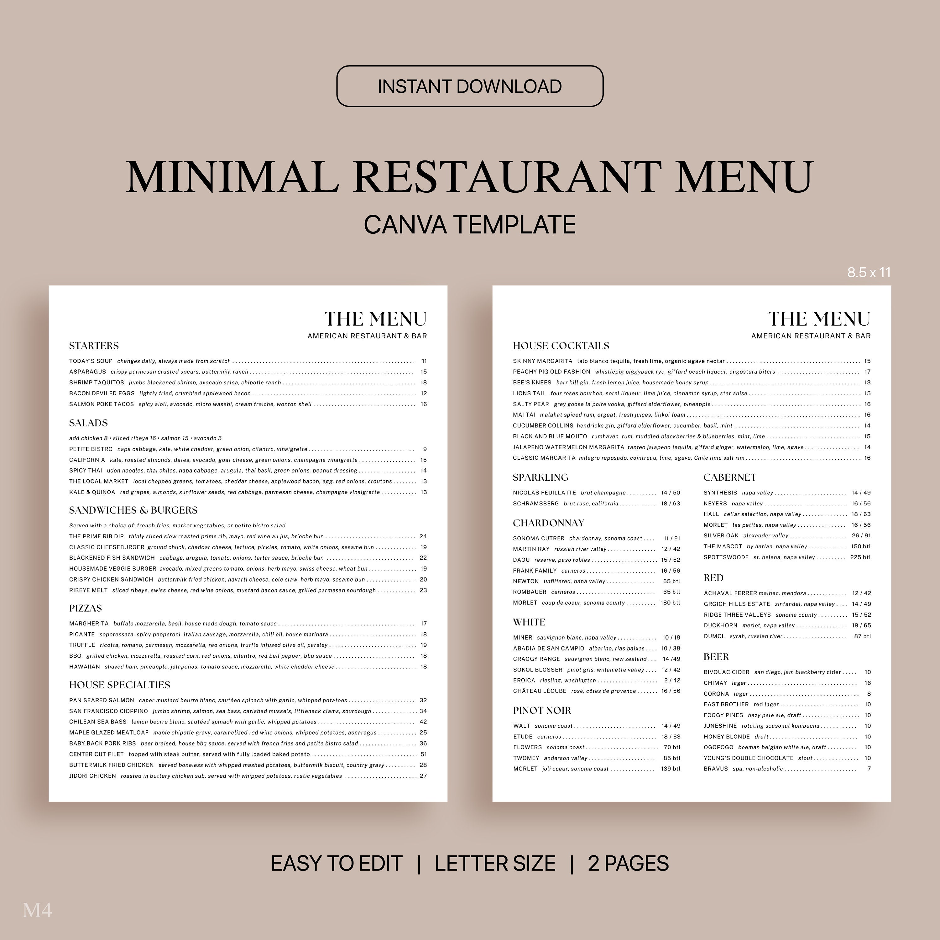 Minimal Restaurant Menu Canva Template (digital Download) - Etsy