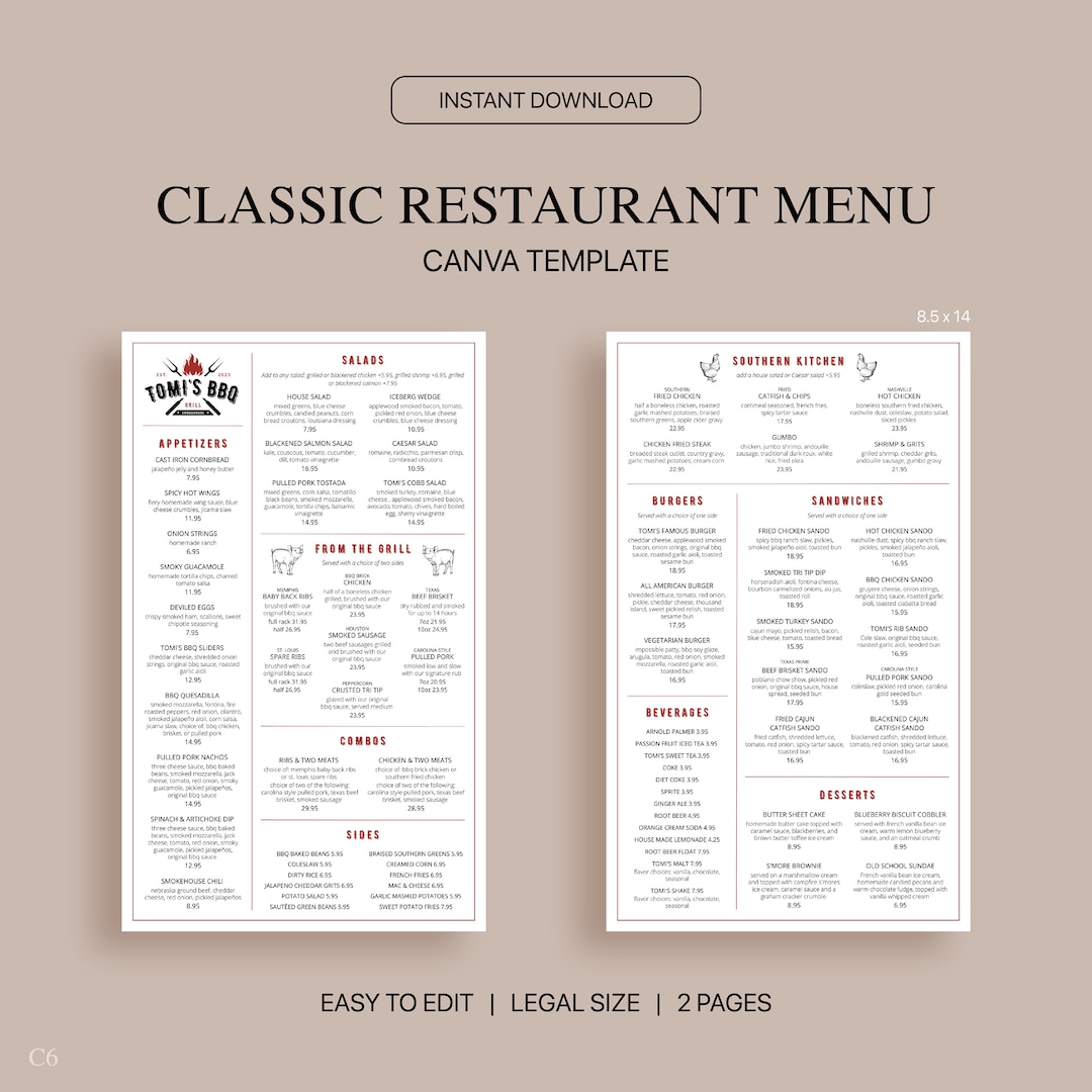Classic Restaurant Menu Canva Template: Editable Legal Size (instant ...