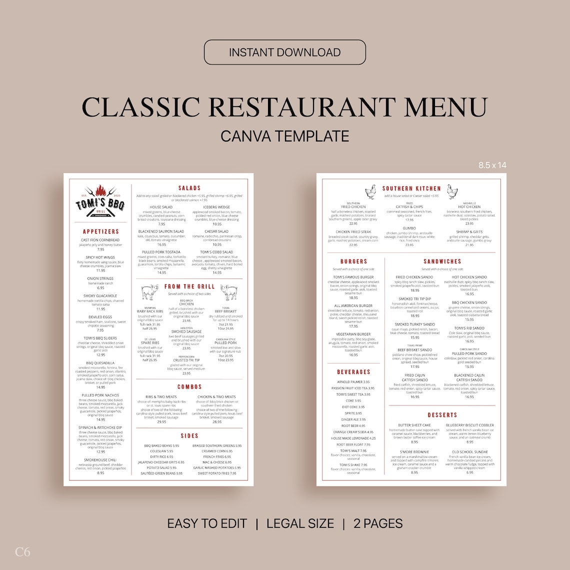 Classic Restaurant Menu Canva Template: Editable Legal Size (instant ...