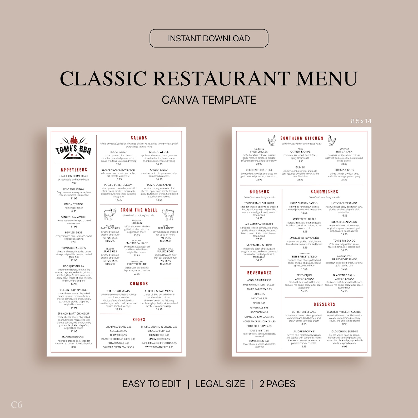 Classic Restaurant Menu Canva Template: Editable Legal Size (instant ...