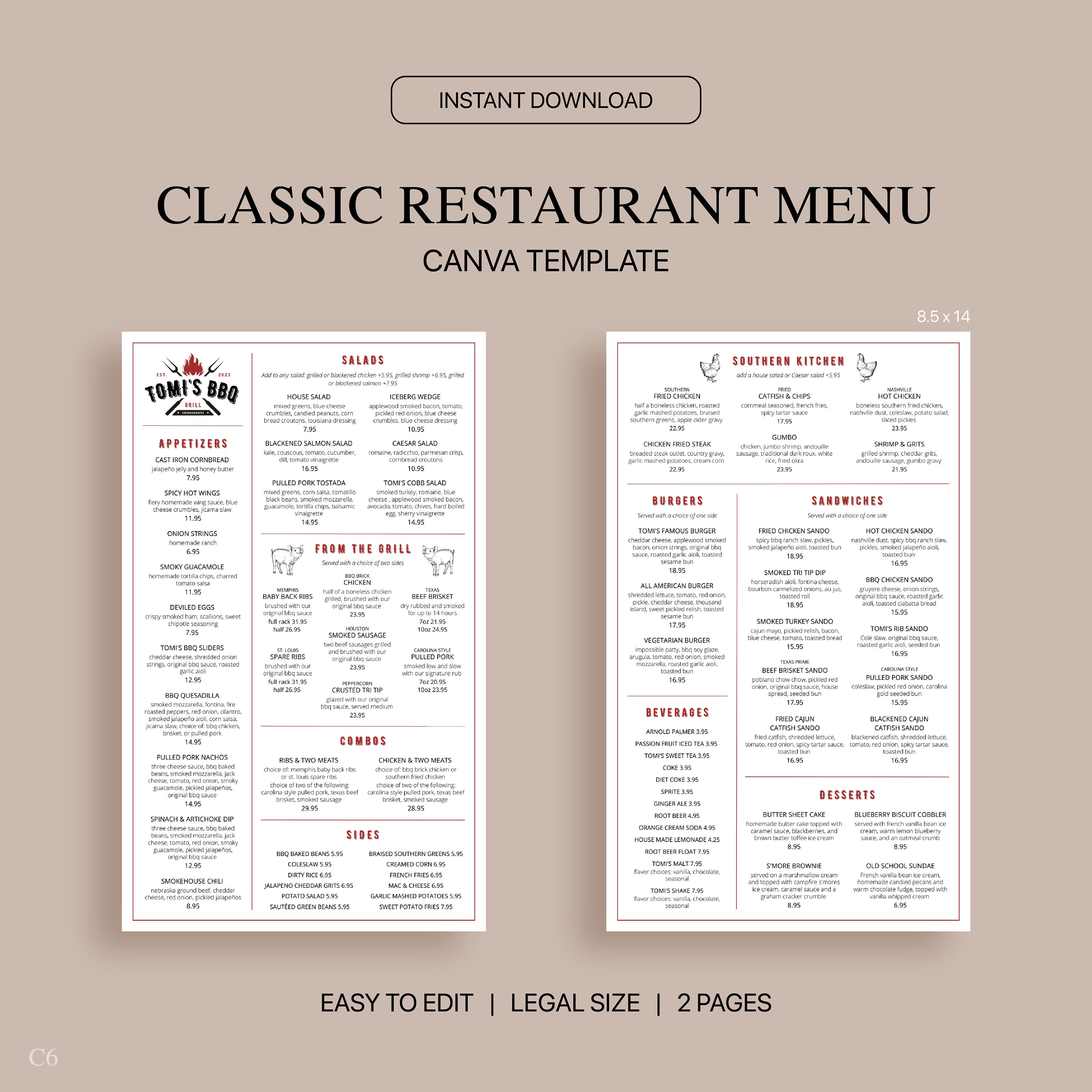 Classic Restaurant Menu Canva Template: Editable Legal Size (instant ...