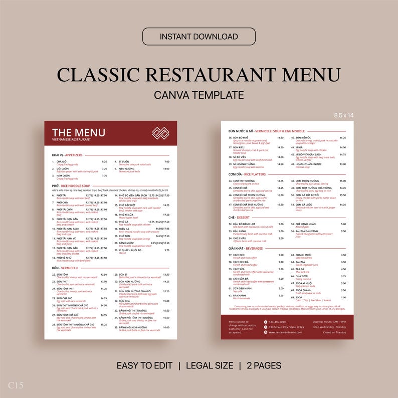 Classic Restaurant Menu Template Canva, Editable Restaurant Menu ...