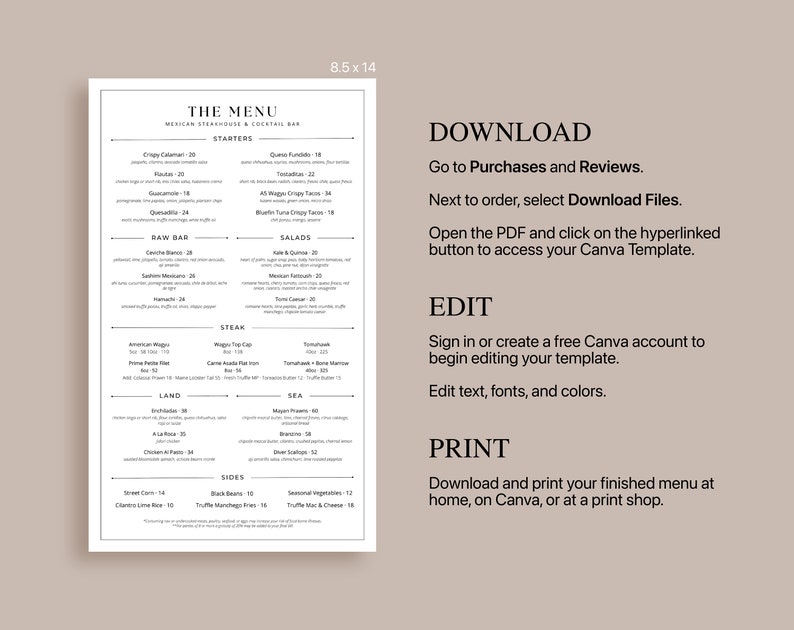 Classic Restaurant Menu Canva Template Editable Restaurant - Etsy