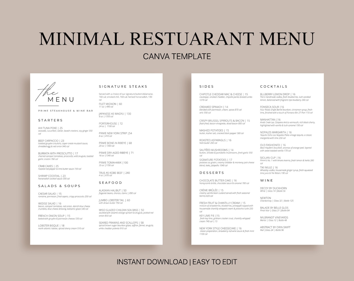 Minimal Restaurant Menu Canva Template Editable Restaurant - Etsy