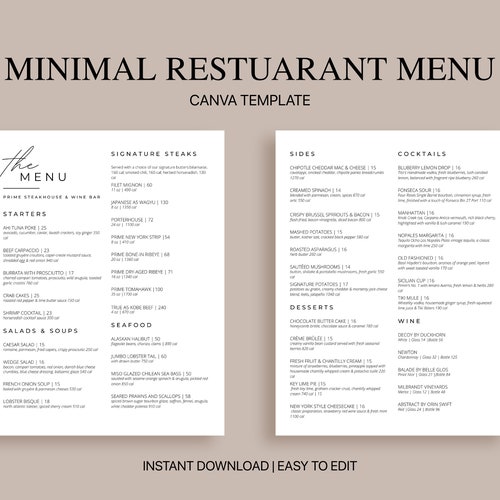 Minimal Restaurant Menu Canva Template Editable Restaurant - Etsy