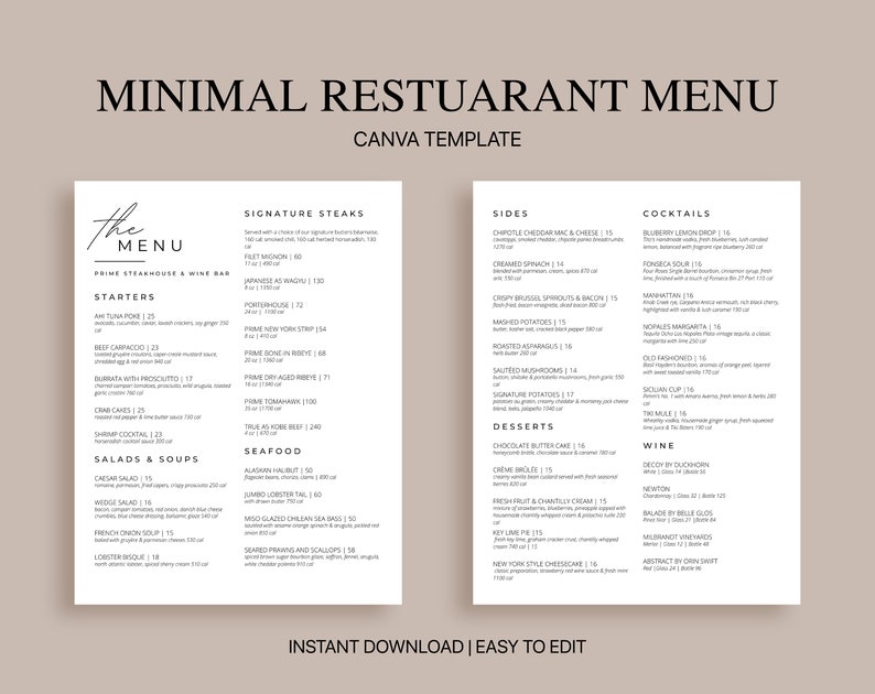 Minimal Restaurant Menu Canva Template Editable Restaurant - Etsy