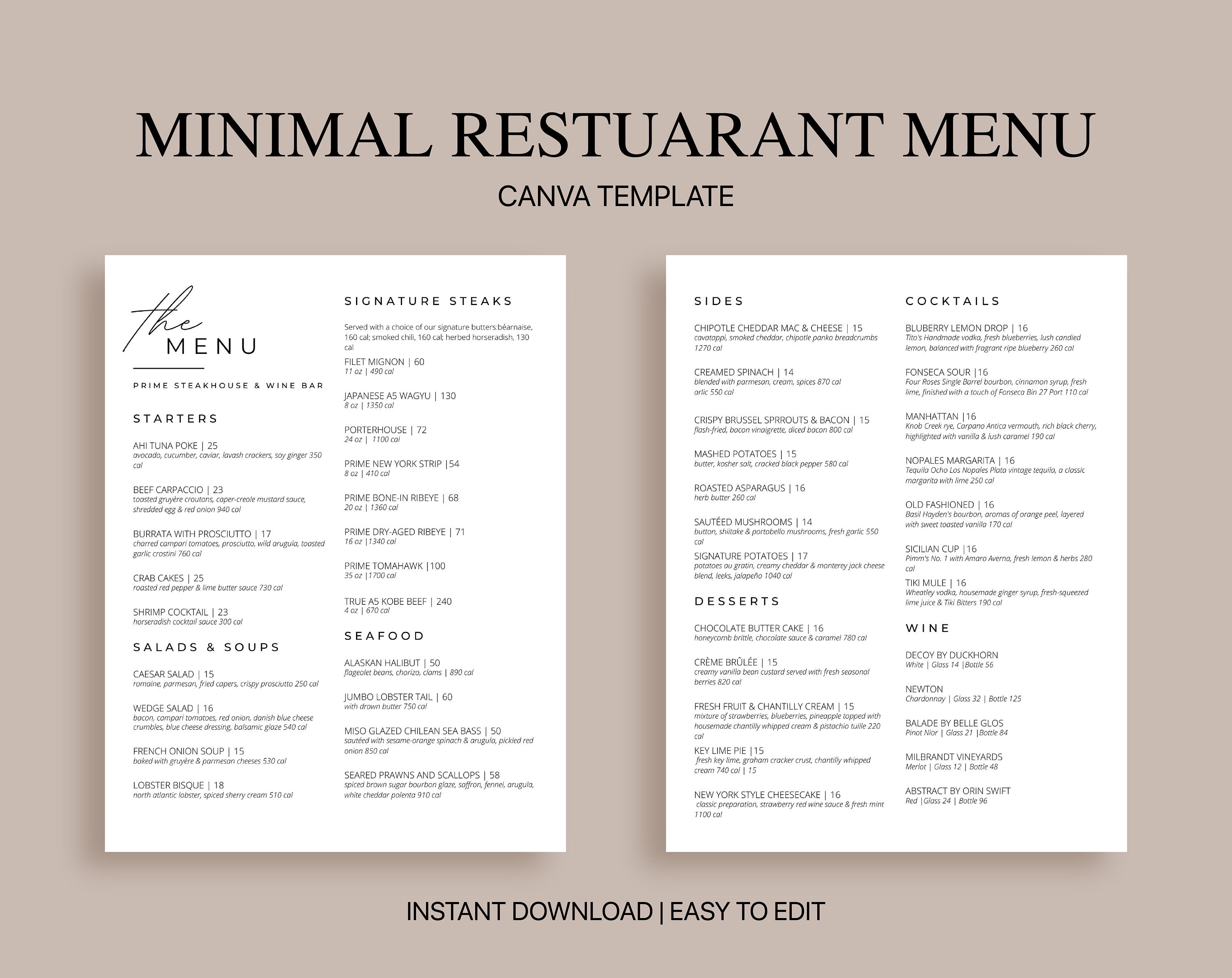 Minimal Restaurant Menu Canva Template Editable Restaurant - Etsy
