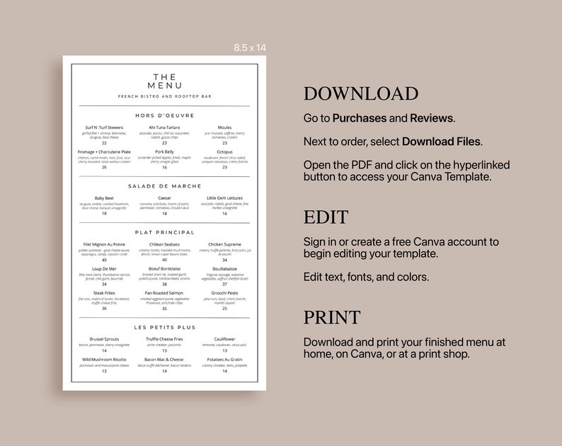 Classic Restaurant Menu Canva Template Editable Restaurant - Etsy