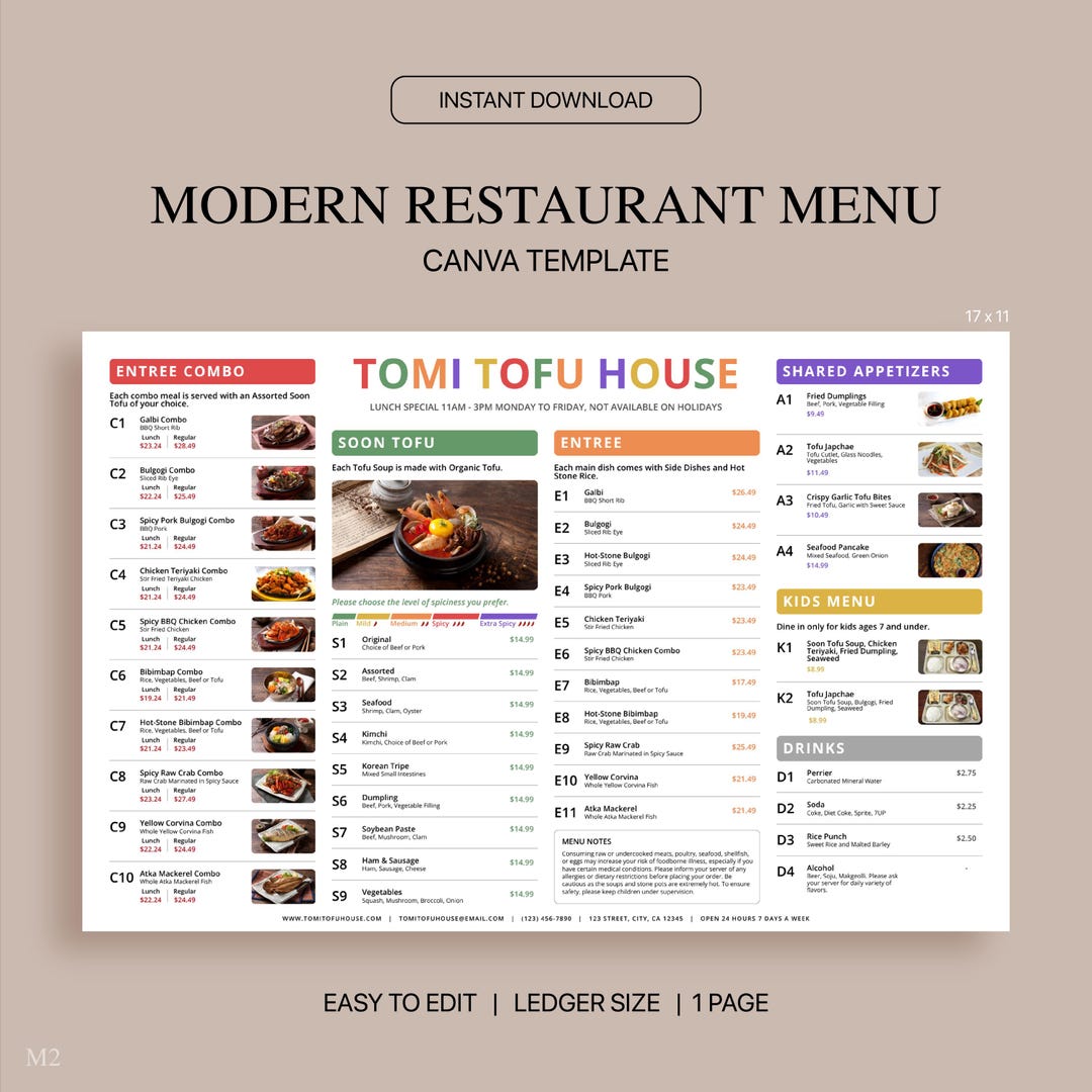 Modern Restaurant Menu Canva Template: Editable Placemat Menu With ...