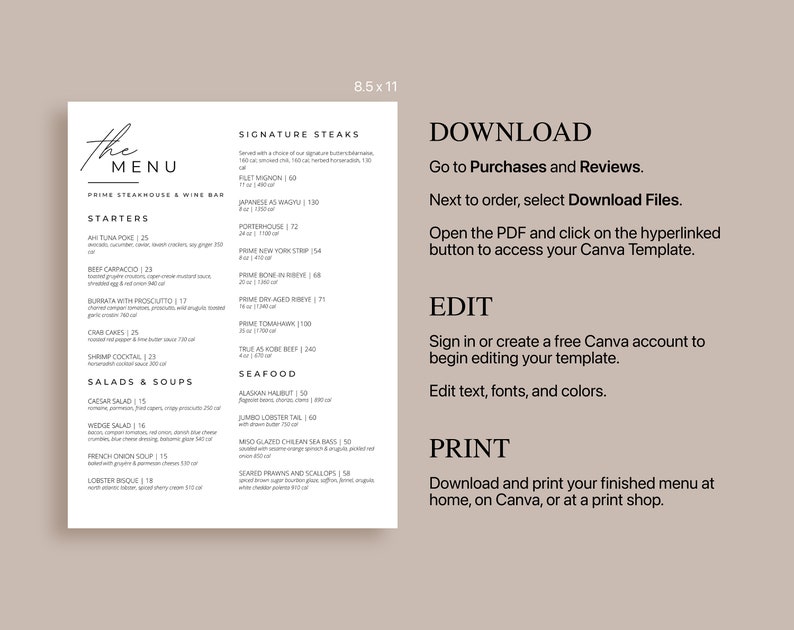 Minimal Restaurant Menu Canva Template Editable Restaurant - Etsy