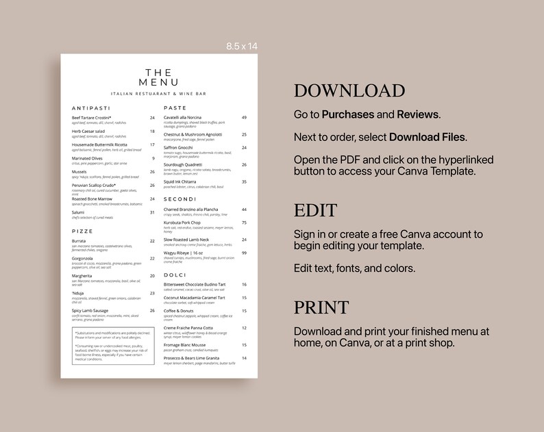 Minimal Restaurant Menu Canva Template Editable Restaurant - Etsy