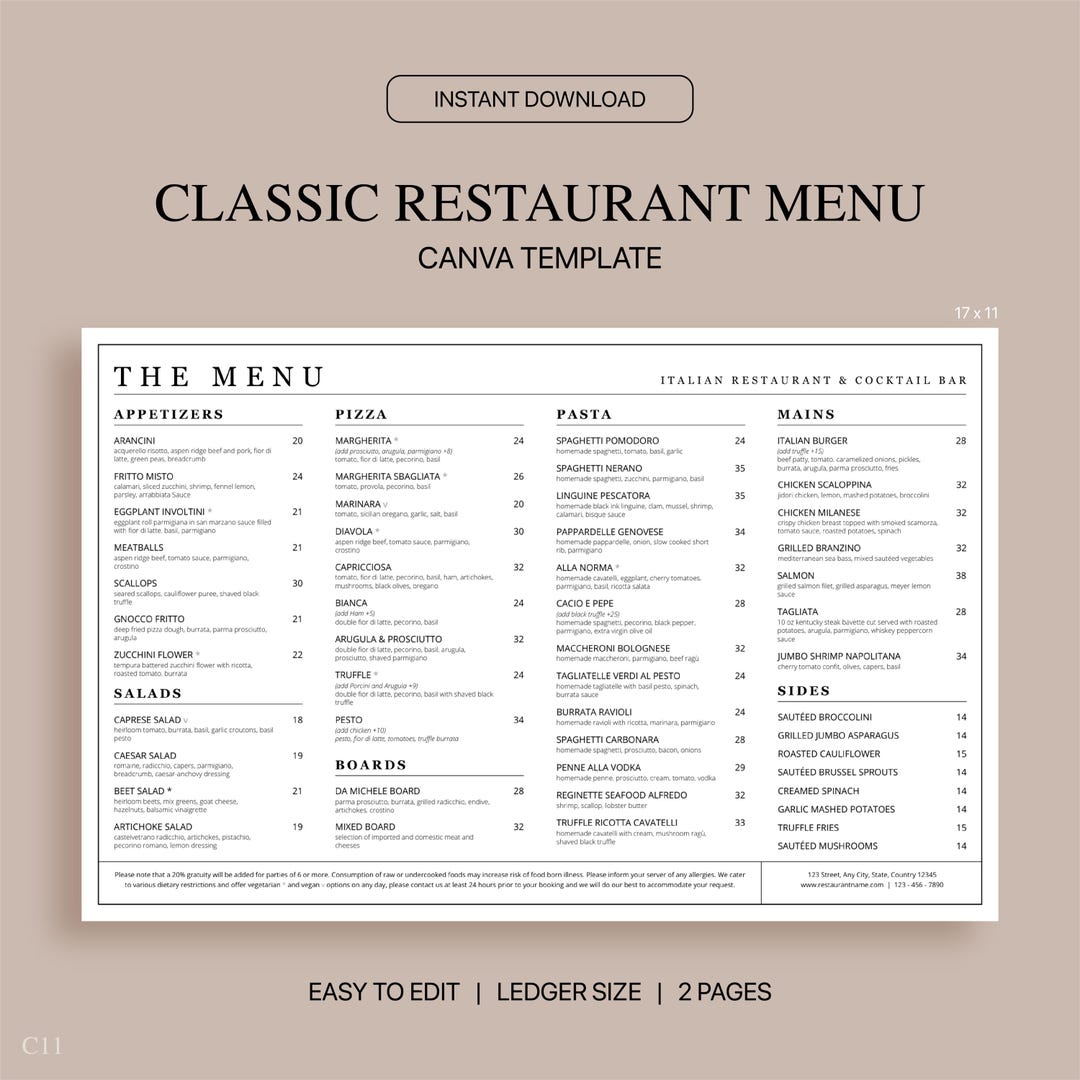 Classic Restaurant Menu Canva Template: Editable Bifold (digital ...