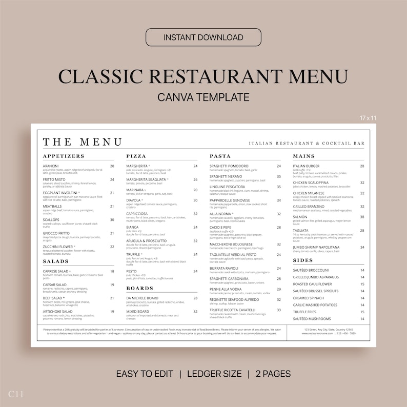 Classic Restaurant Menu Canva Template: Editable Bifold (digital ...