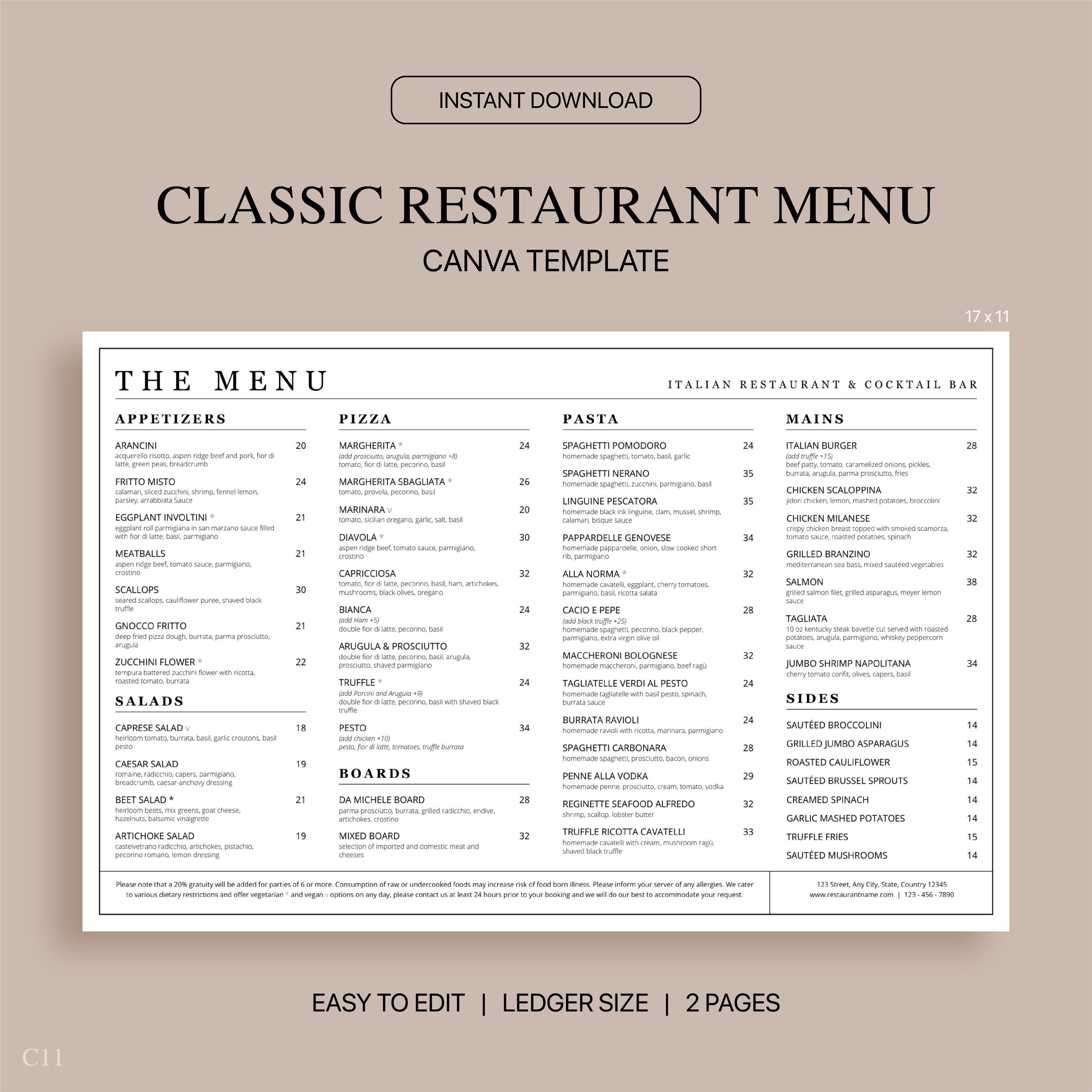Classic Restaurant Menu Canva Template: Editable Bifold (digital ...