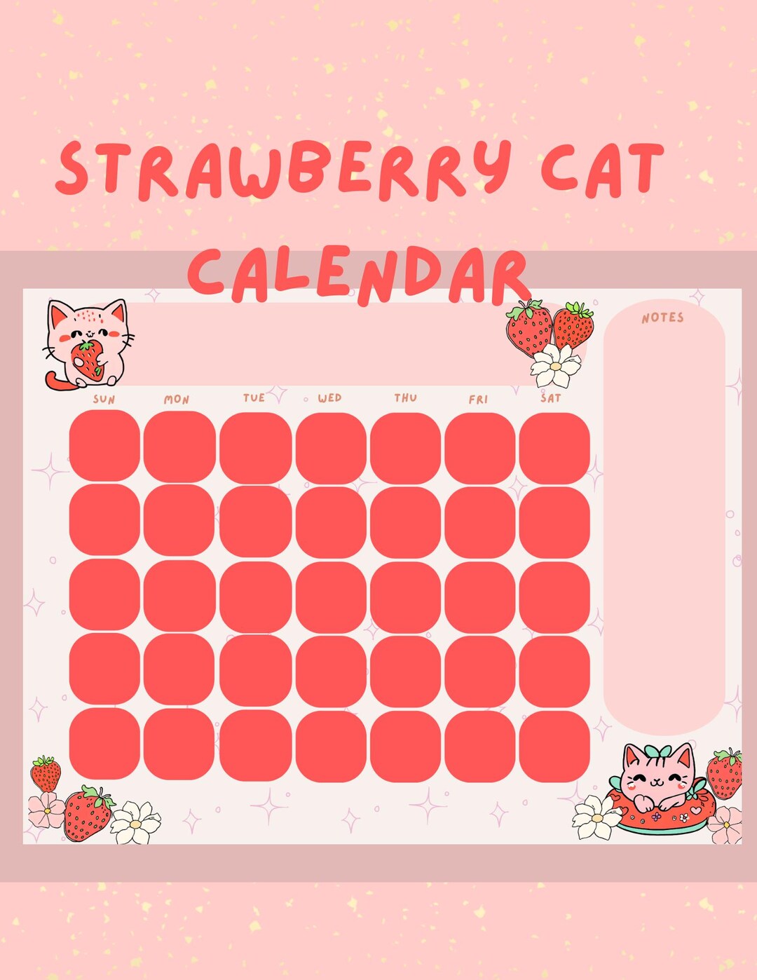 Strawberry Cat Calendar | Cute Printable Calendar | Pink Cute ...