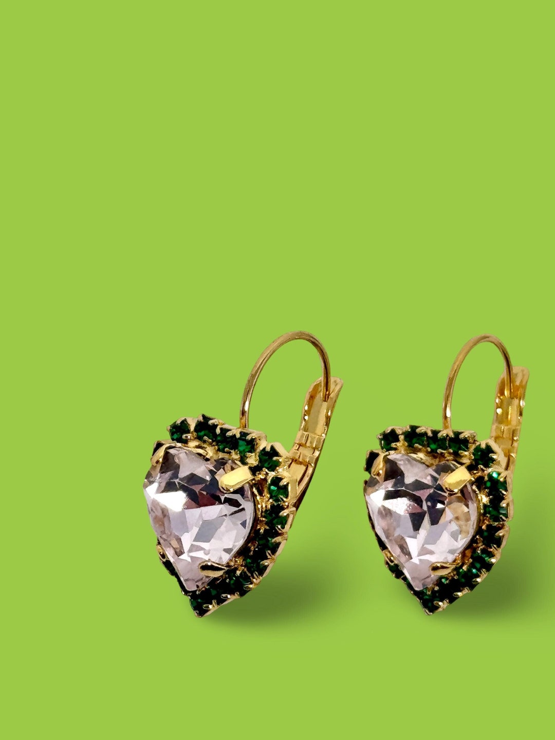 Pink and Green | Heart Shaped Crystal Rhinestone Halo Lever Back ...