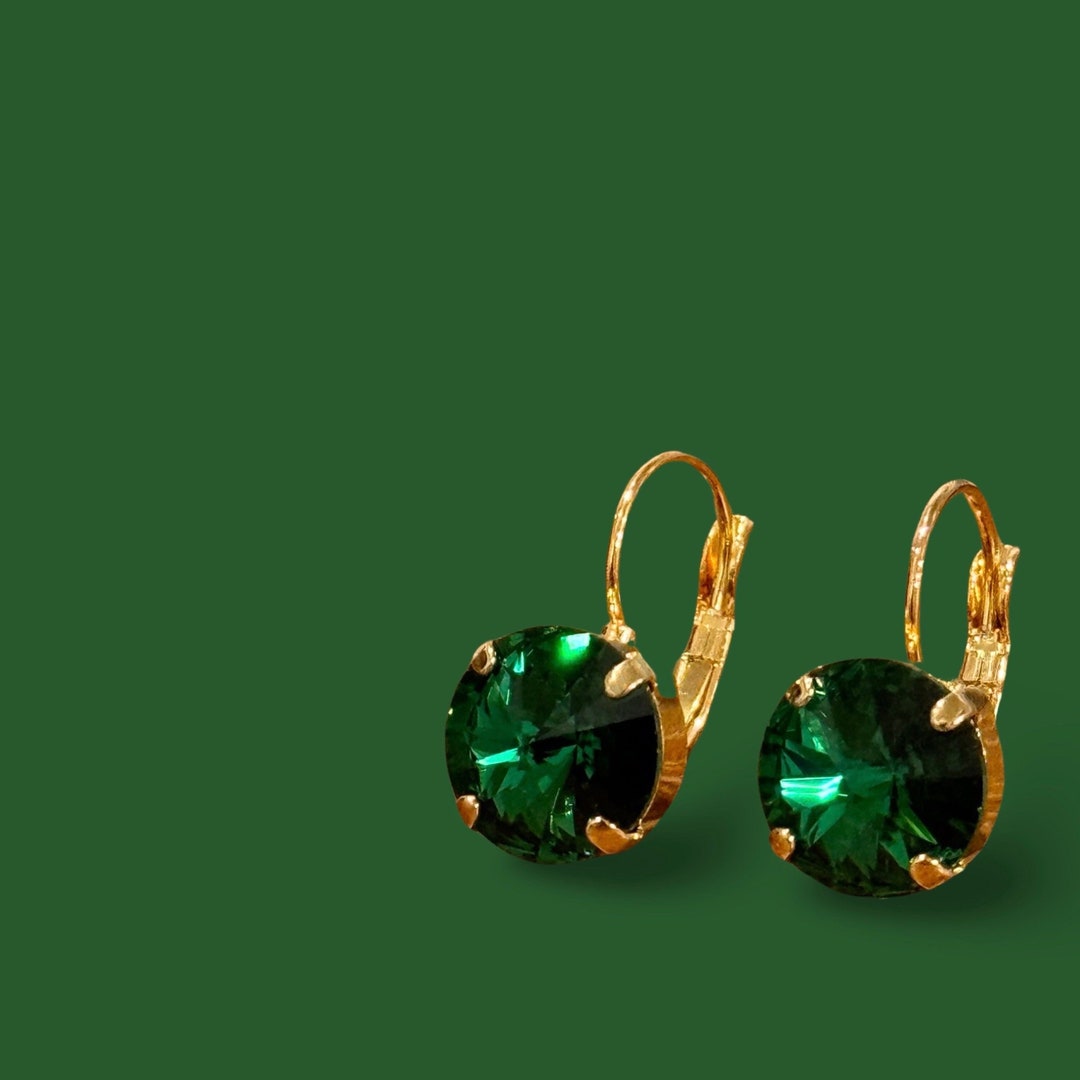 Green | Emerald Green Round Rivoli Crystal Lever Back Earrings | Green ...