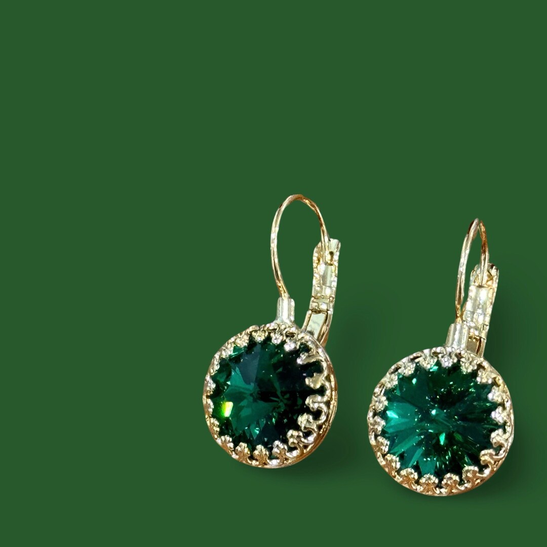 Green | Emerald Green Round Rivoli Crystal Crown Lever Back Earrings ...