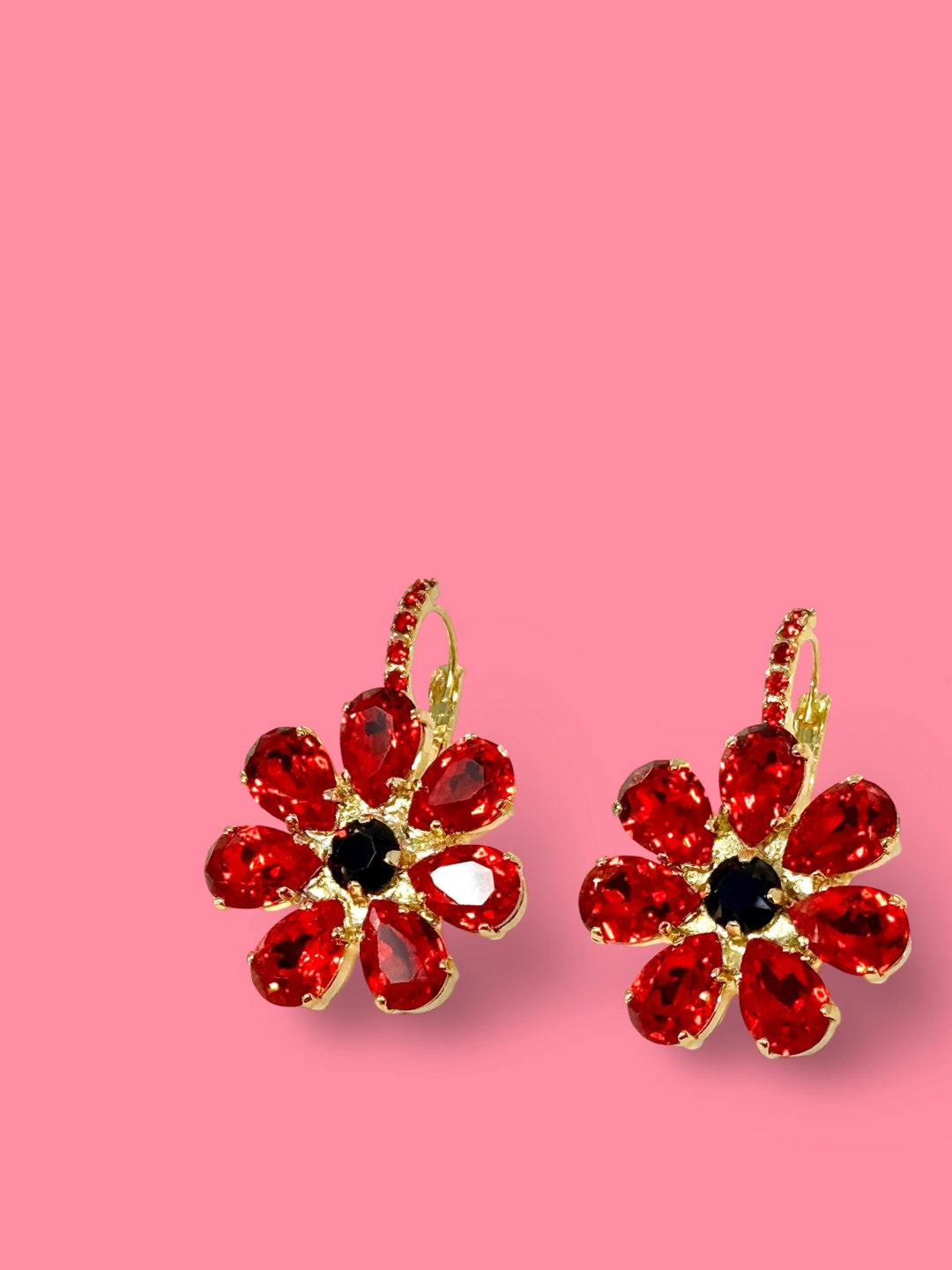 Red and Black | Poppy Flower Lever Back Earrings | Pear and Round Cut ...