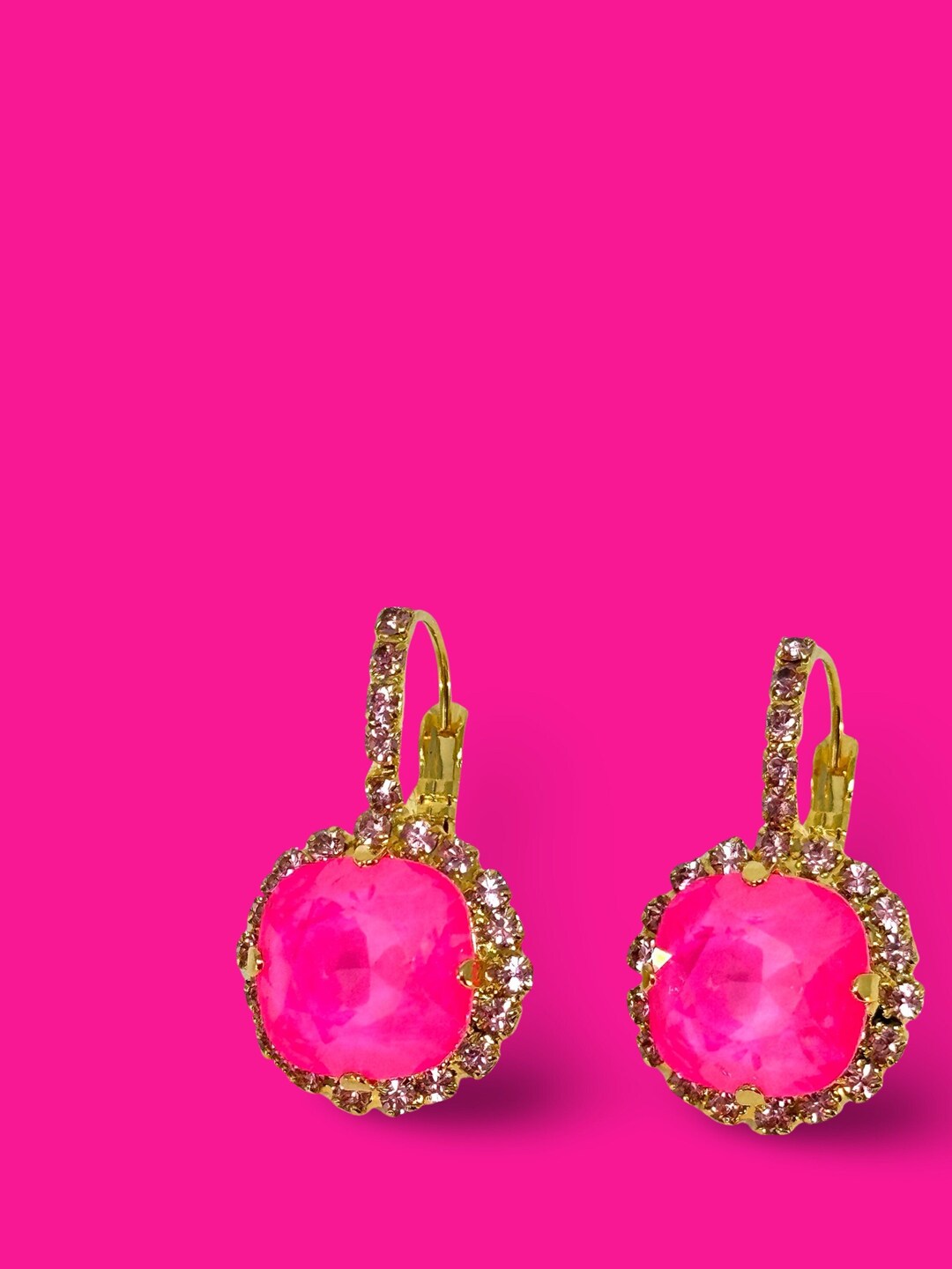 Pink Barb E Inspired Halo Cushion Cut Crystal Rhinestone Lever Back Earrings Hot Pink Pillow