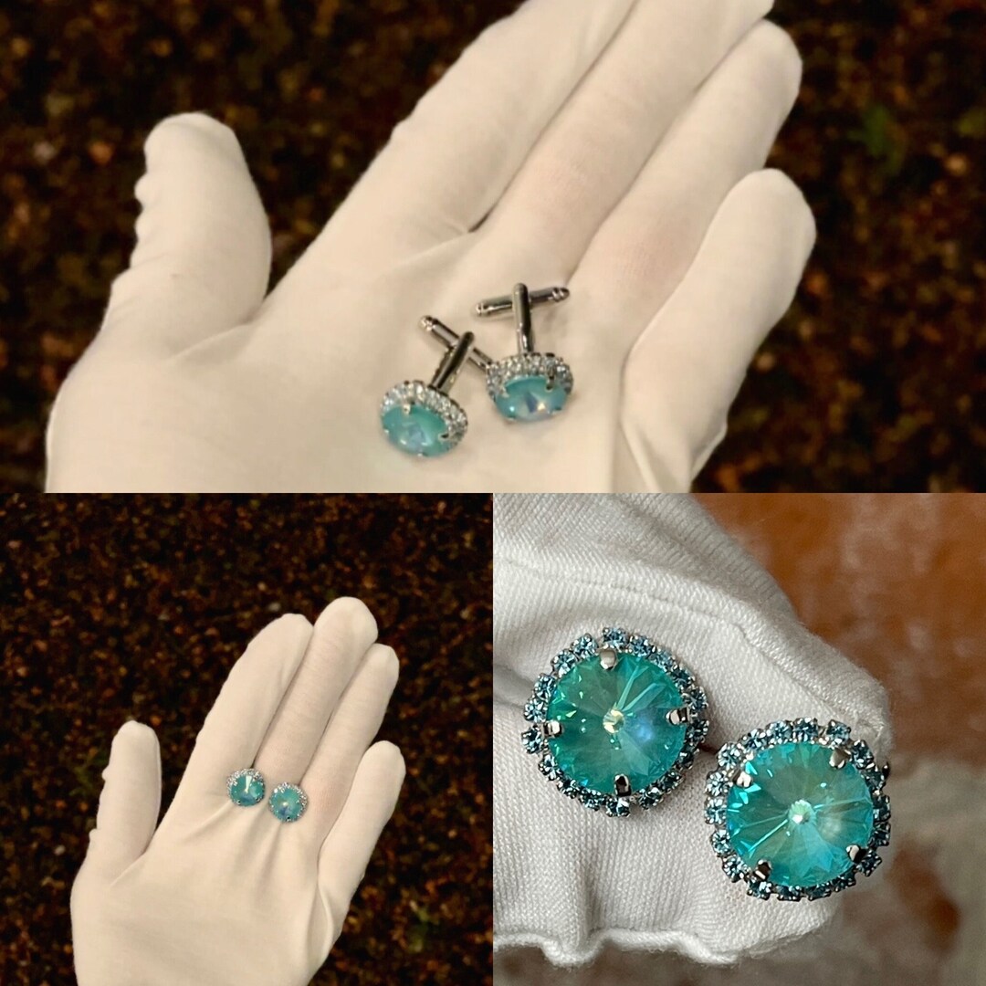 Blue | Mermaid Inspired Round Rivoli Crystal Halo Cuff Links | the ...