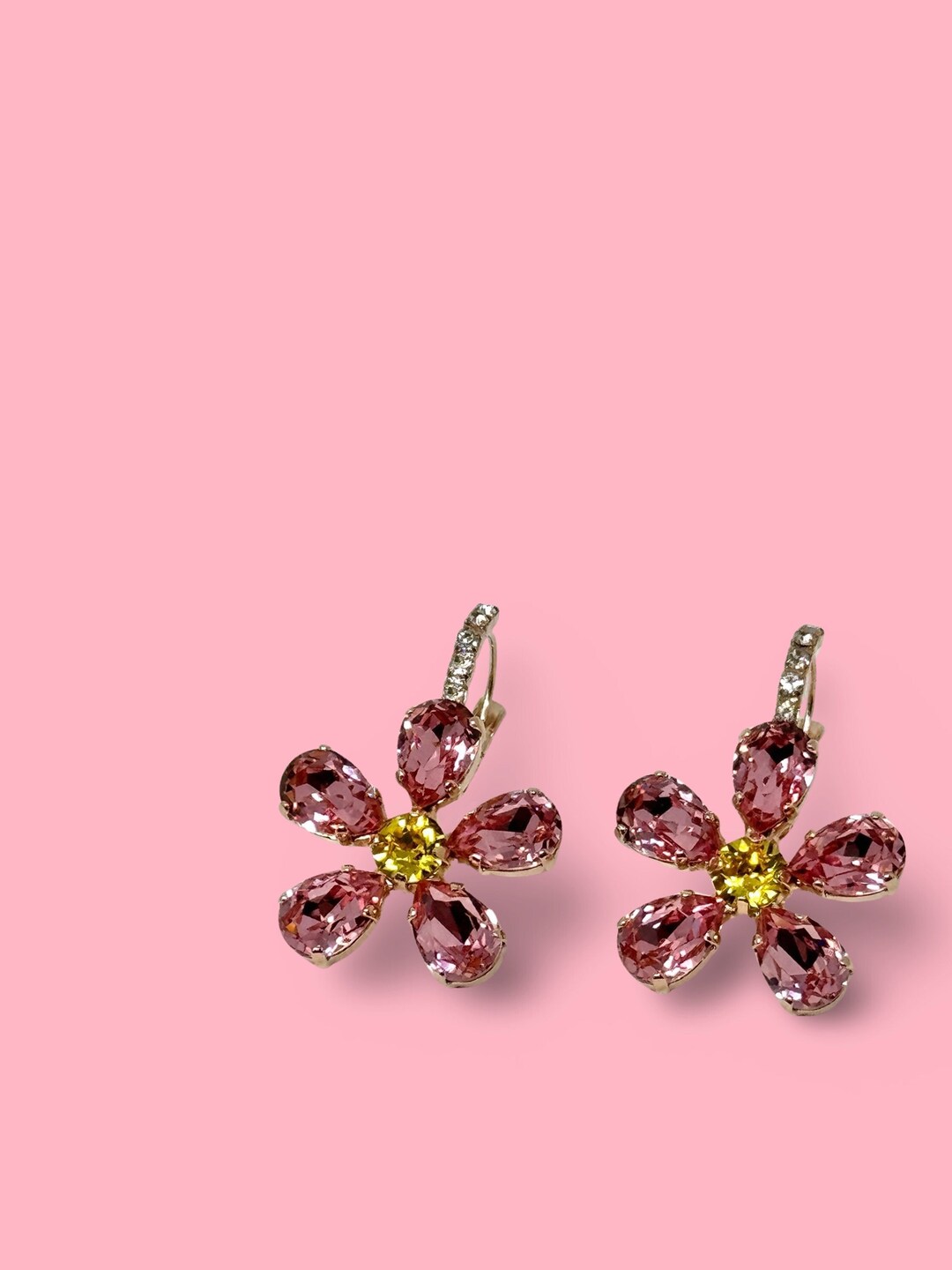 Pink and Yellow | Cherry Blossom Crystal Rhinestone Lever Back Earrings ...