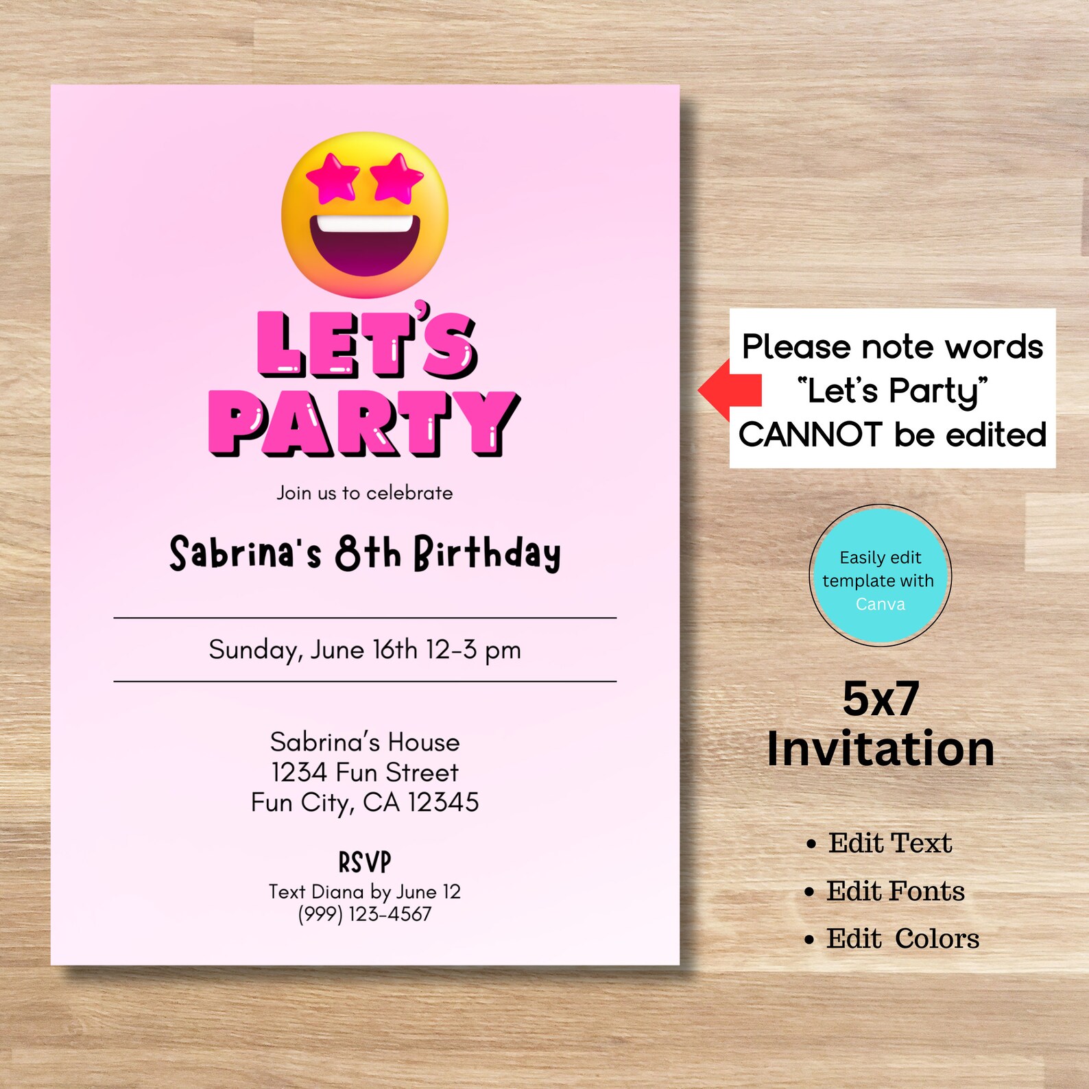 Happy Face Invitation, Let's Party, Girl Birthday Invitation, Star Eyes ...