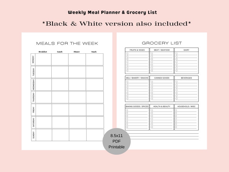 Printable Meal Planner and Grocery List, Weekly Meal Plan, Diet Planner ...