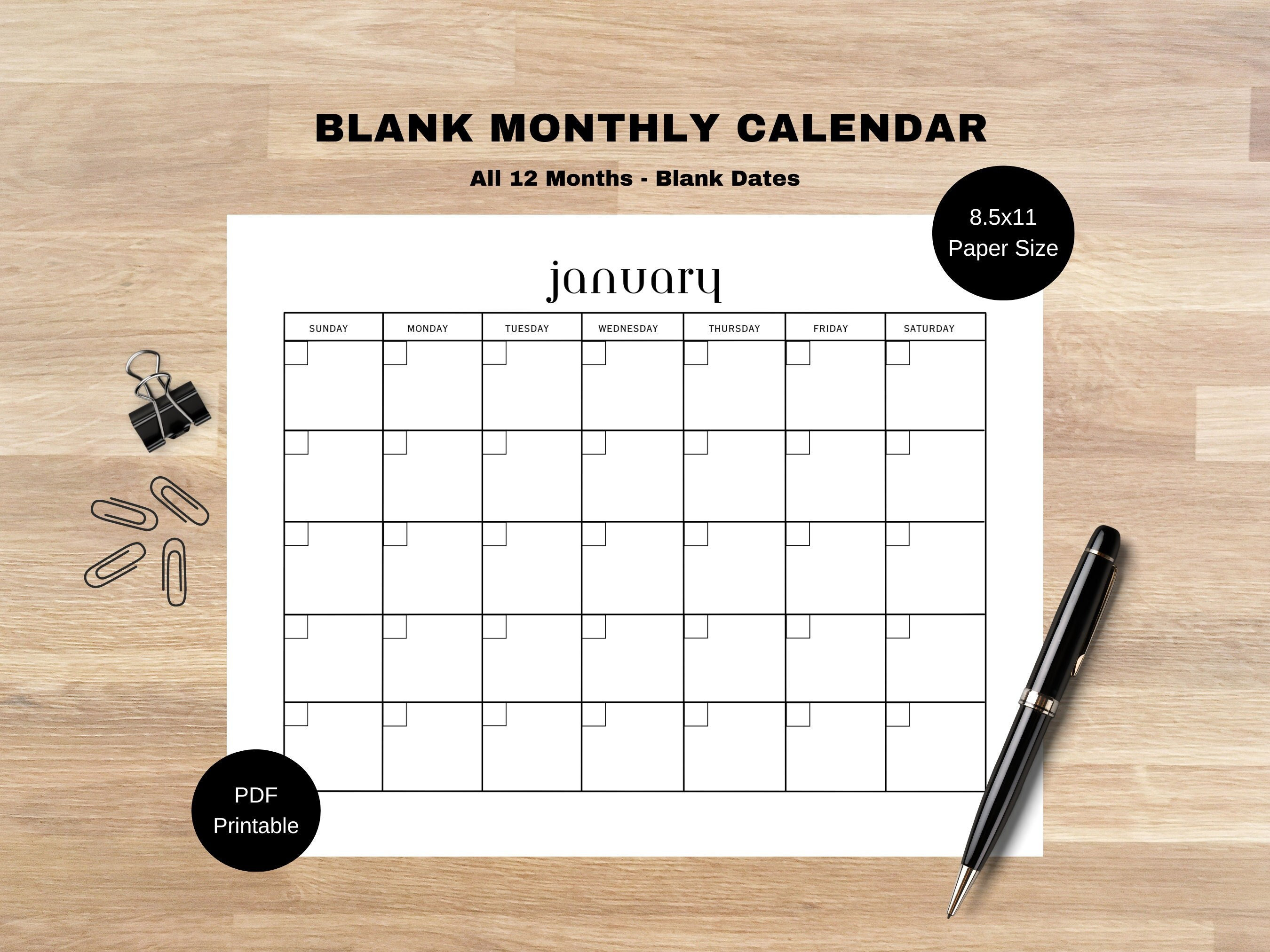 Monthly Blank Calendar, Blank Calendar, Month to Month - PDF Printable ...