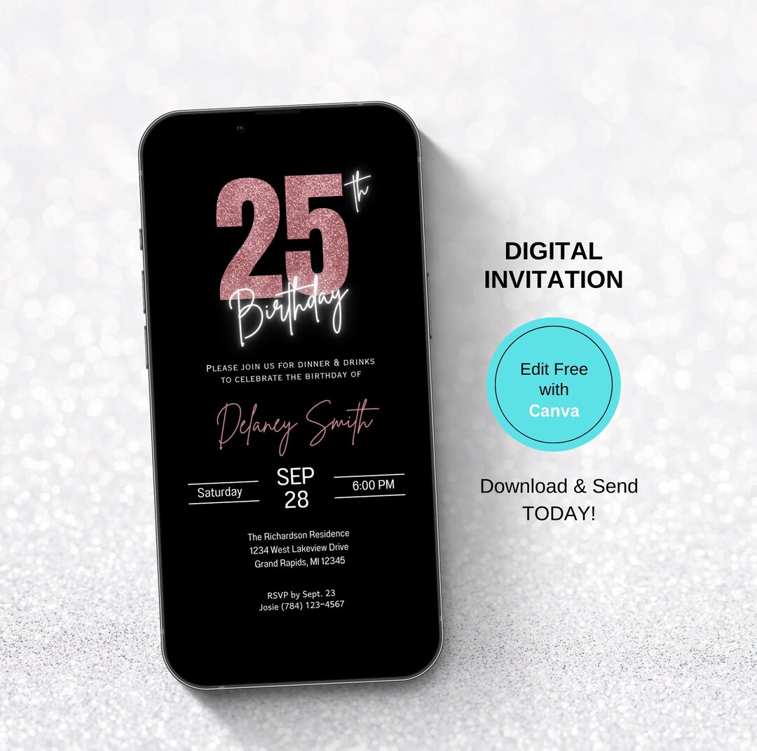 Digital 25th Birthday Invite, Rose Gold Digital Invitation ...
