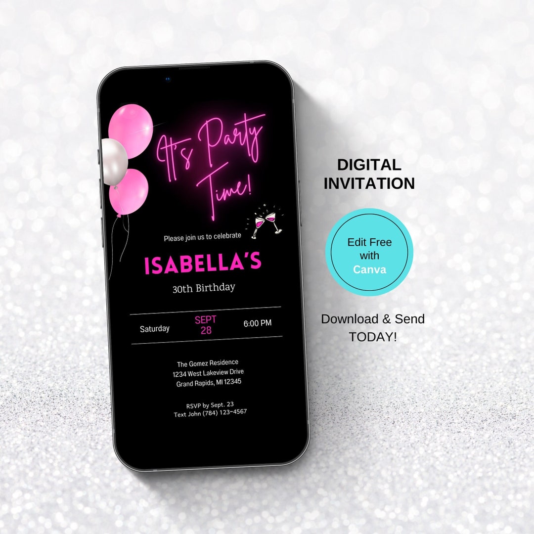Digital Birthday Invite Any Age, It's Party Time, Hot Pink Invitation ...