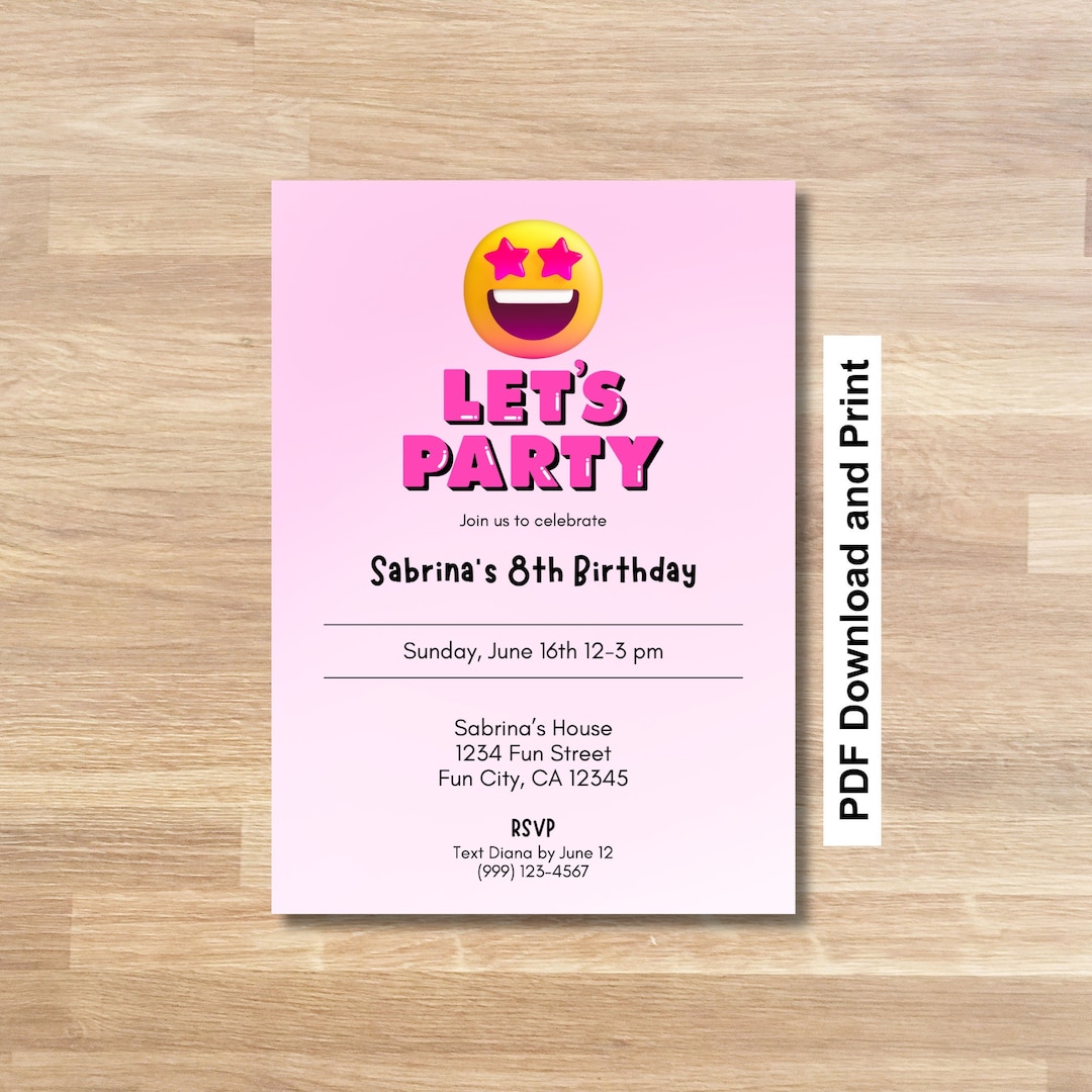 Happy Face Invitation, Let's Party, Girl Birthday Invitation, Star Eyes ...