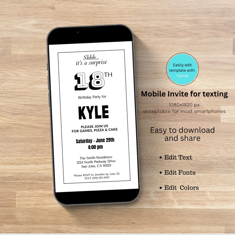 18th Digital Birthday Invite, Black and White Digital Invitation, 18th ...