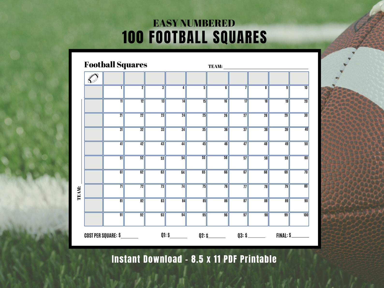 Football Squares Template, 100 Squares, Numbered Football Squares - Etsy