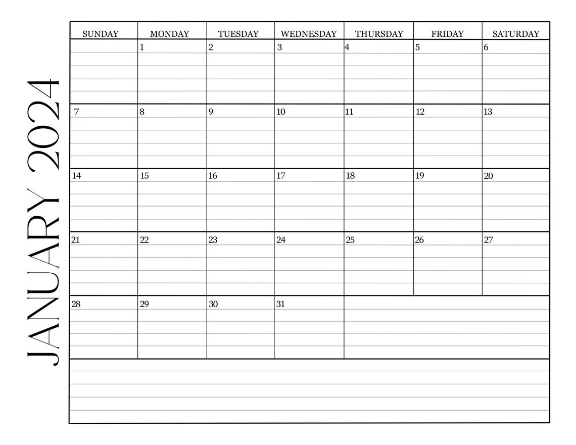 2024 Printable Calendar, 2024 Calendar Printable, Lined Monthly ...