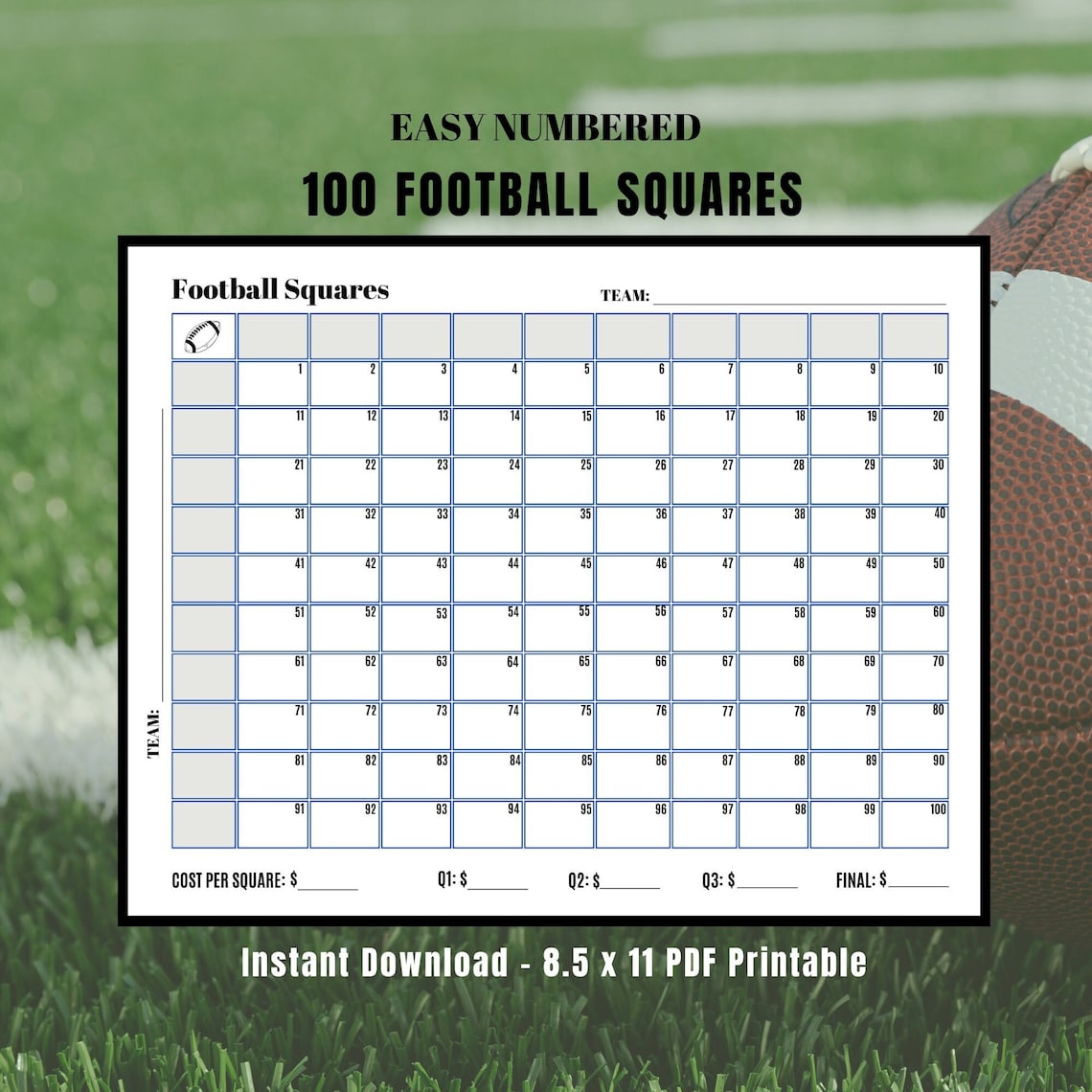 Football Squares Template, 100 Squares, Numbered Football Squares - Etsy