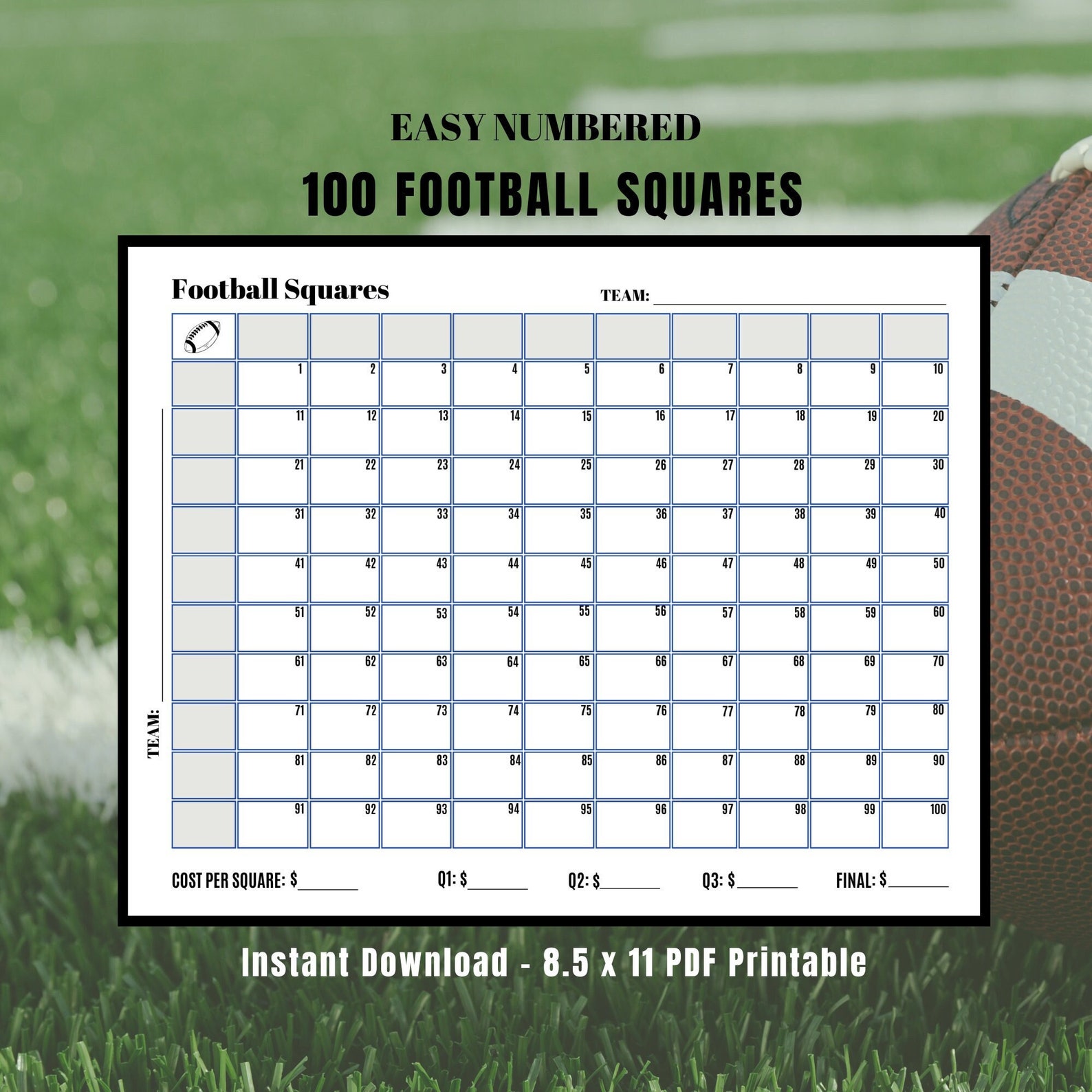 Football Squares Template, 100 Squares, Numbered Football Squares - Etsy