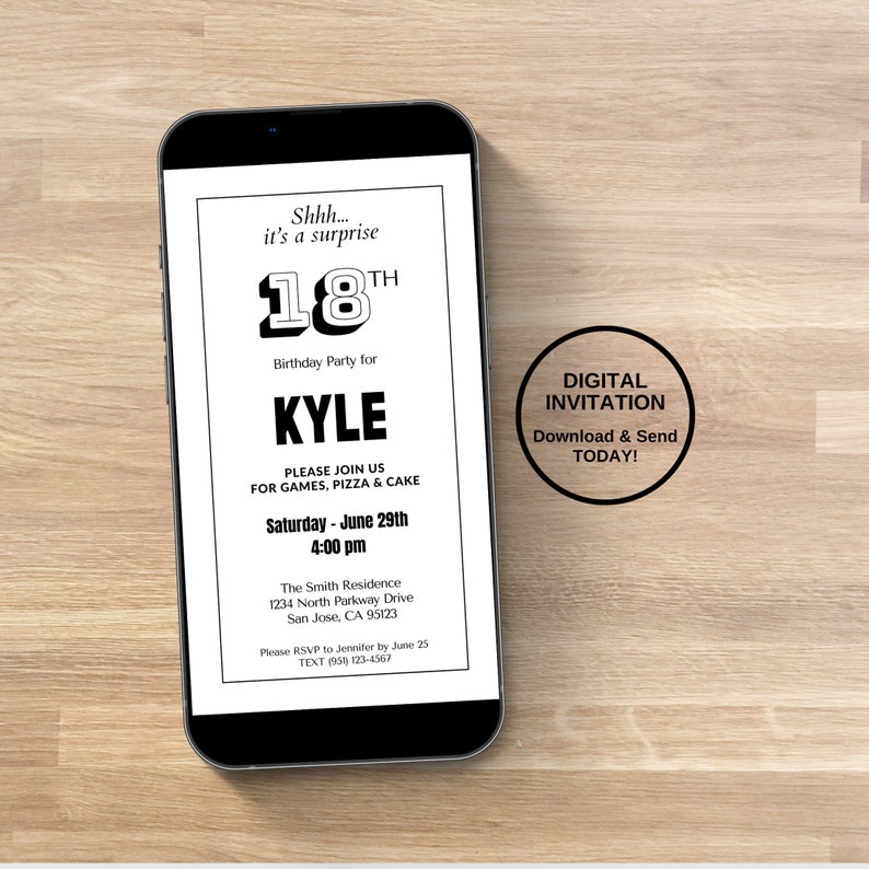 18th Digital Birthday Invite, Black and White Digital Invitation, 18th ...