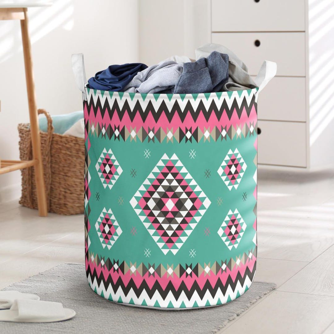 Native Laundry Basket, Tribal Hamper, Indian Navajo Basket, Ethnic Geometric Pink Pattern ...