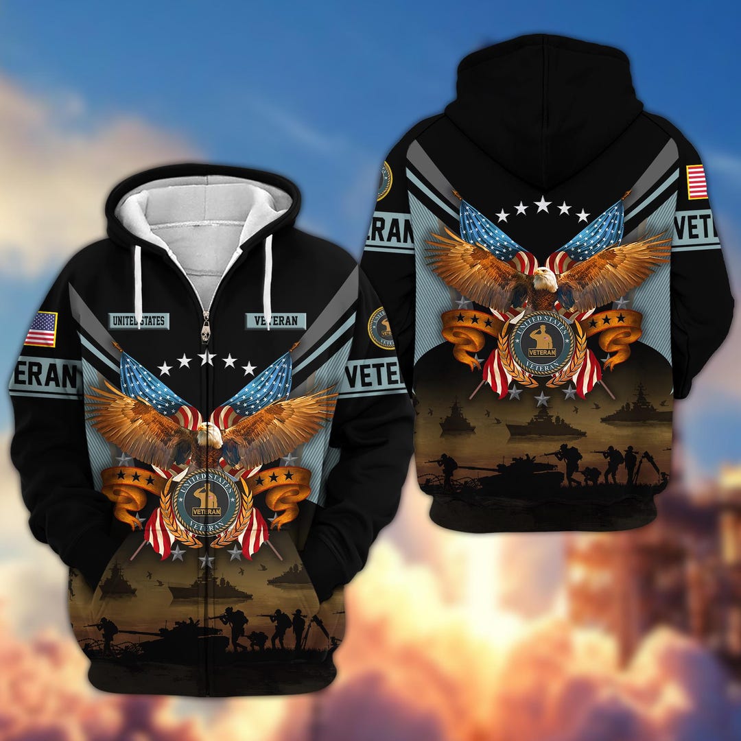 Military Veteran Zip Hoodie, Featuring Patriotic American Flag & Eagle ...
