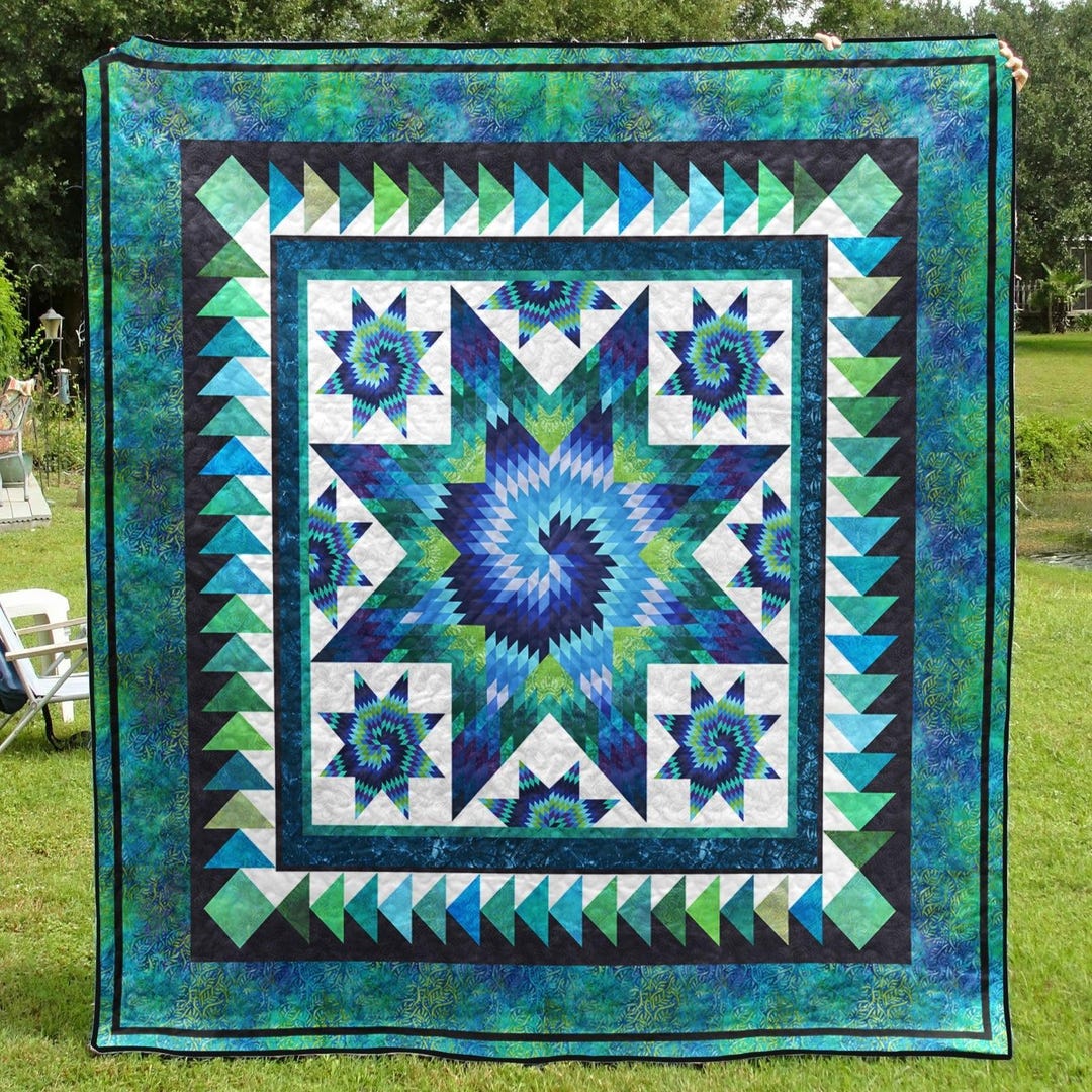 Native American Lakota Star Quilt Blanket, Blue Southwestern Throw ...