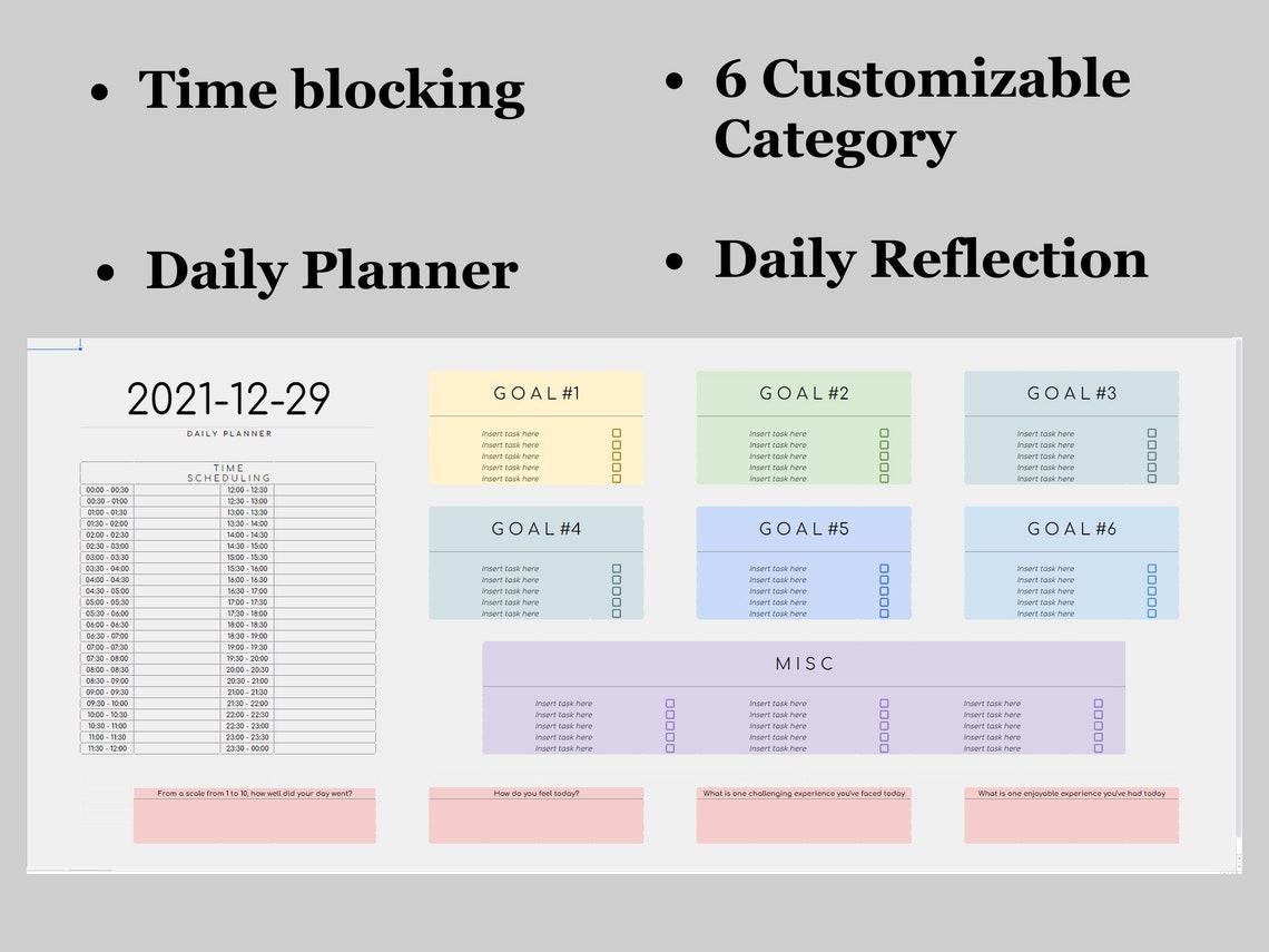 Goals Setting & Daily Planner Spreadsheet Template | Daily To-do List ...