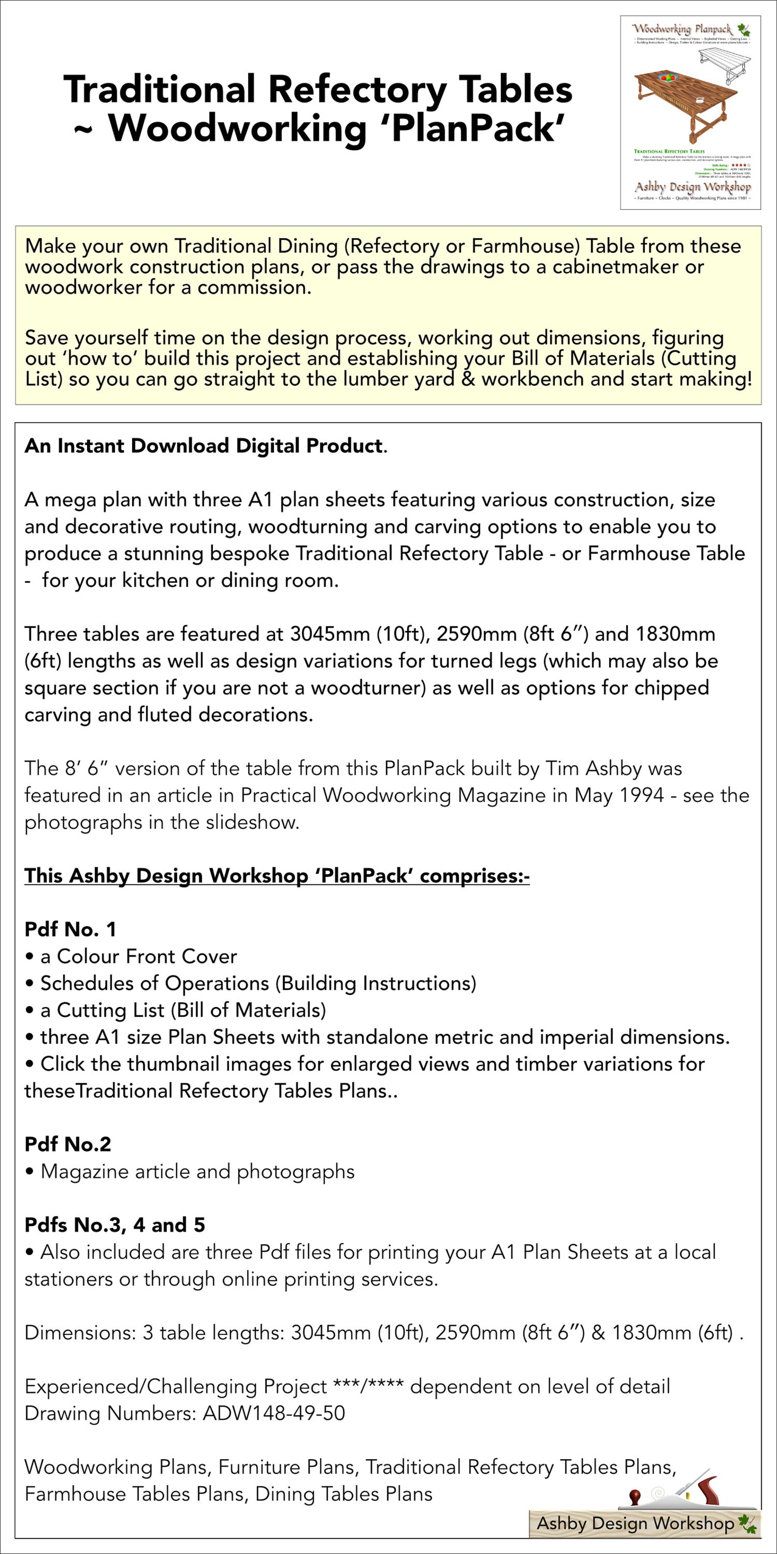 Dining Table Plans - Traditional Refectory Table Plans - Farmhouse ...