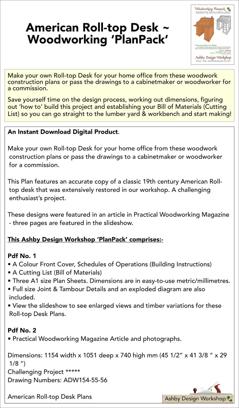 American Roll Top Desk Plans Woodwork Plan DIY Home Office | Etsy