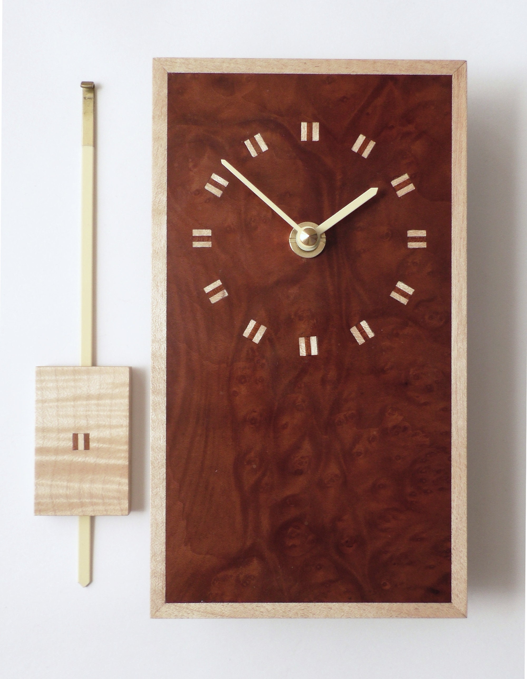 Exotic Wood Wall Clock. Pendulum Clock in Burr Madrone and Sycamore ...