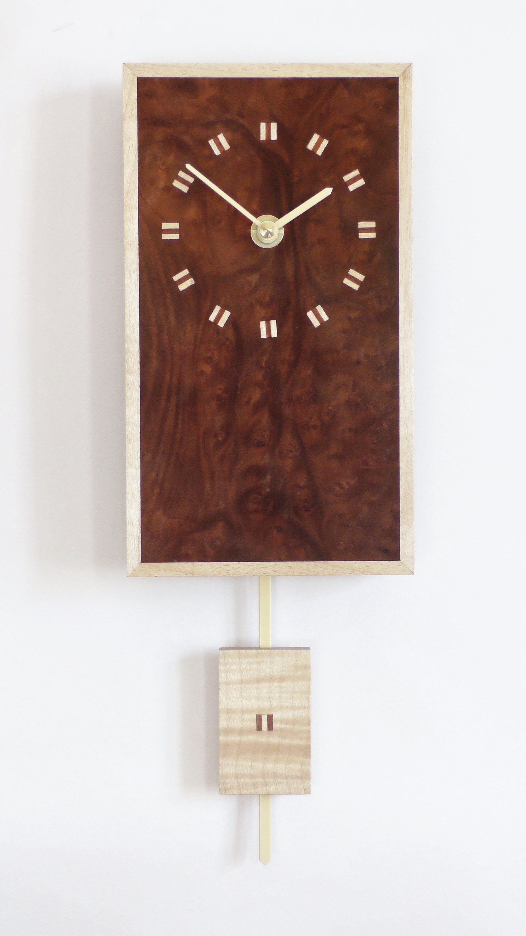 Exotic Wood Wall Clock. Pendulum Clock in Burr Madrone and Sycamore ...
