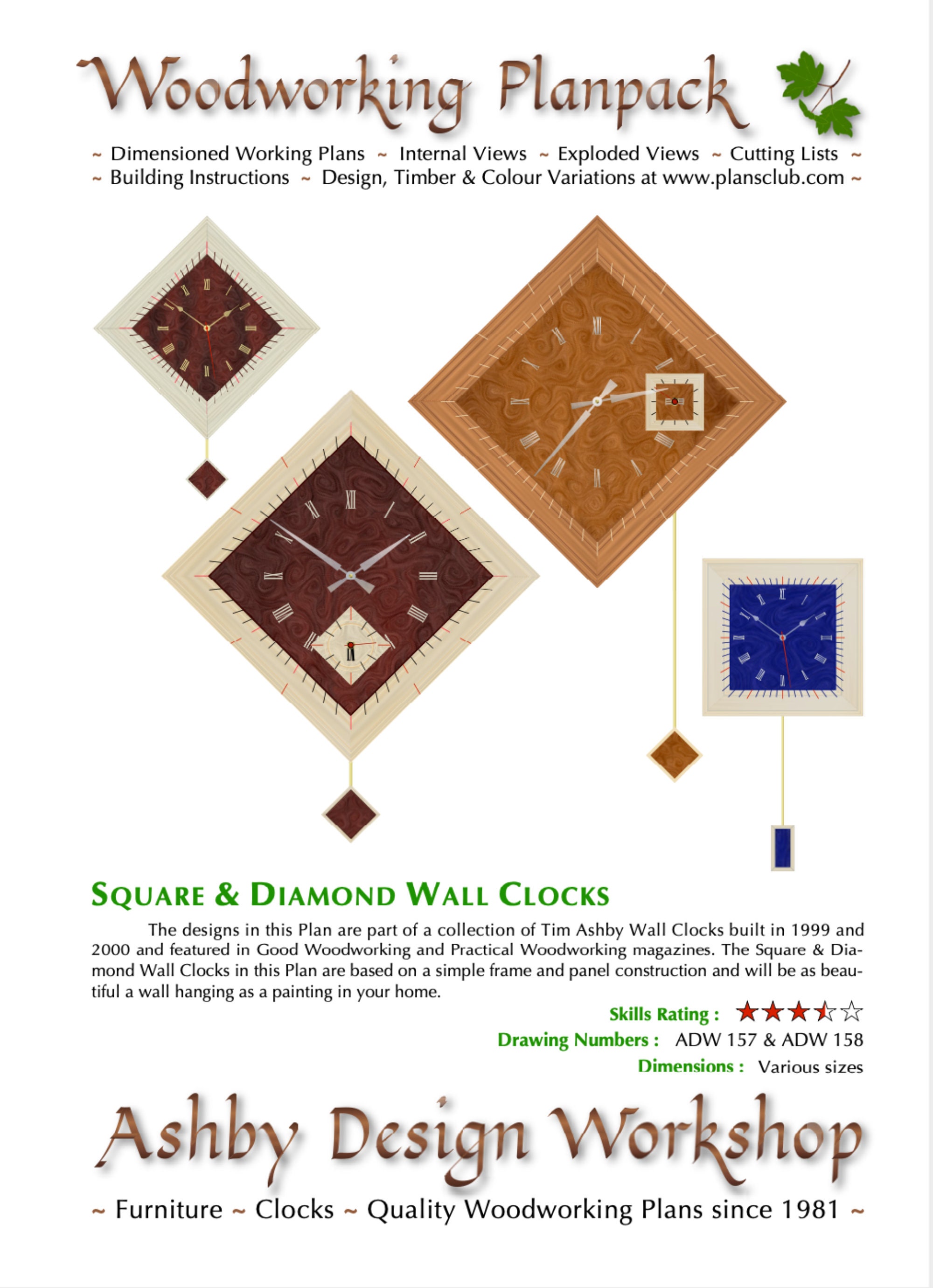 Square & Diamond Wall Clocks - Clock Plans - Woodwork Plans ...