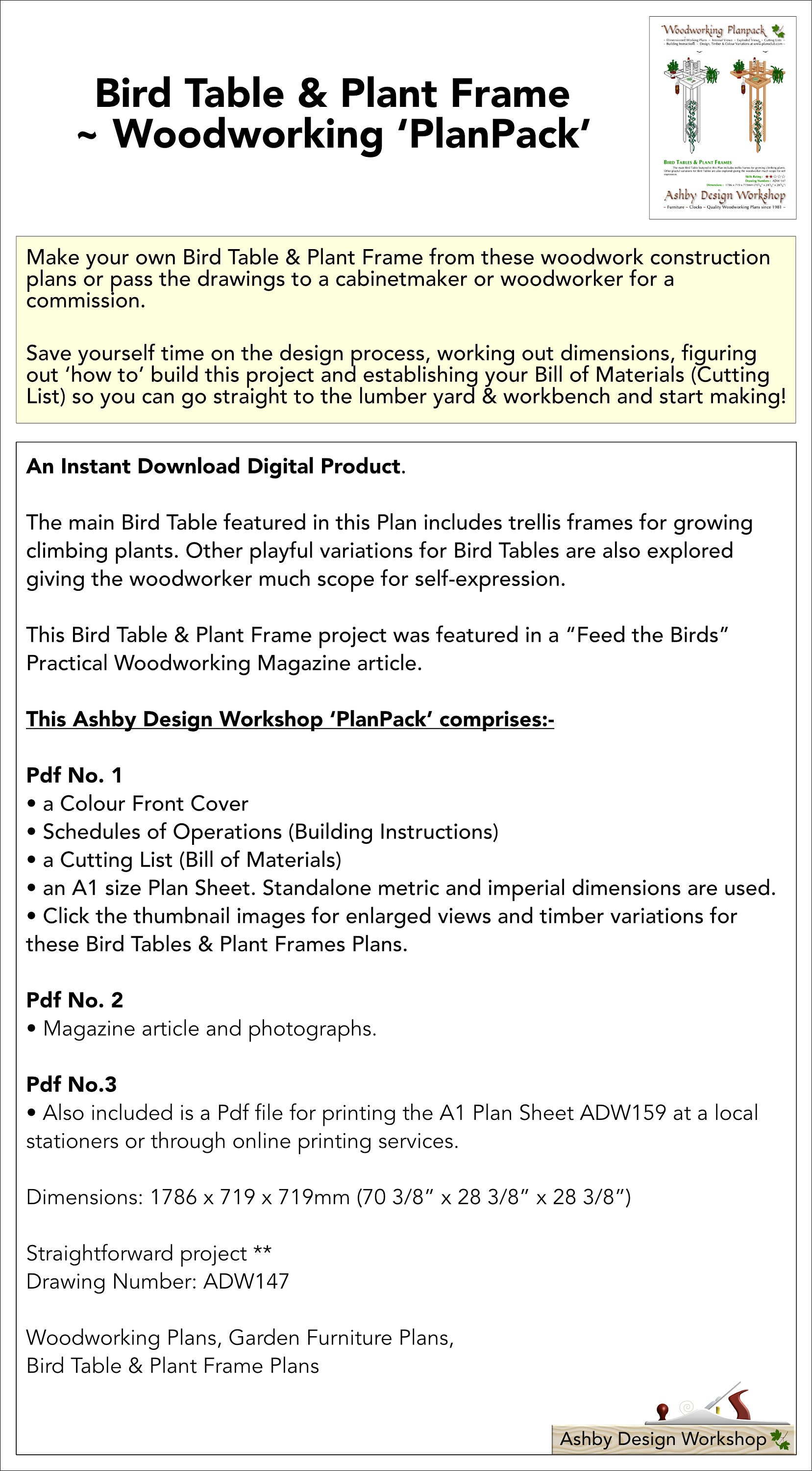 Bird Table Plans Bird Table & Plant Frame Woodwork Plan - Etsy